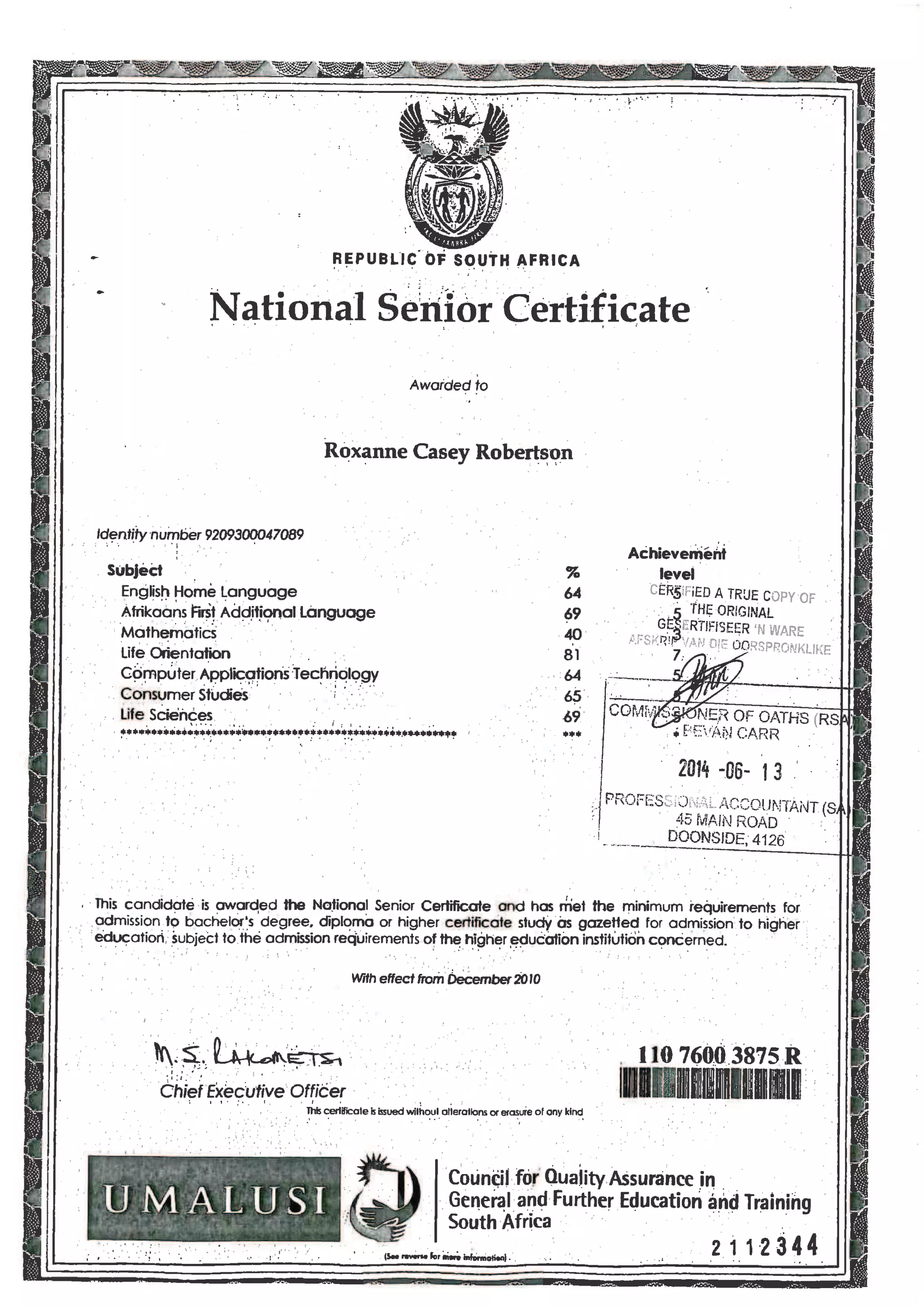 Roxanne Certified Matric Certificate | PDF
