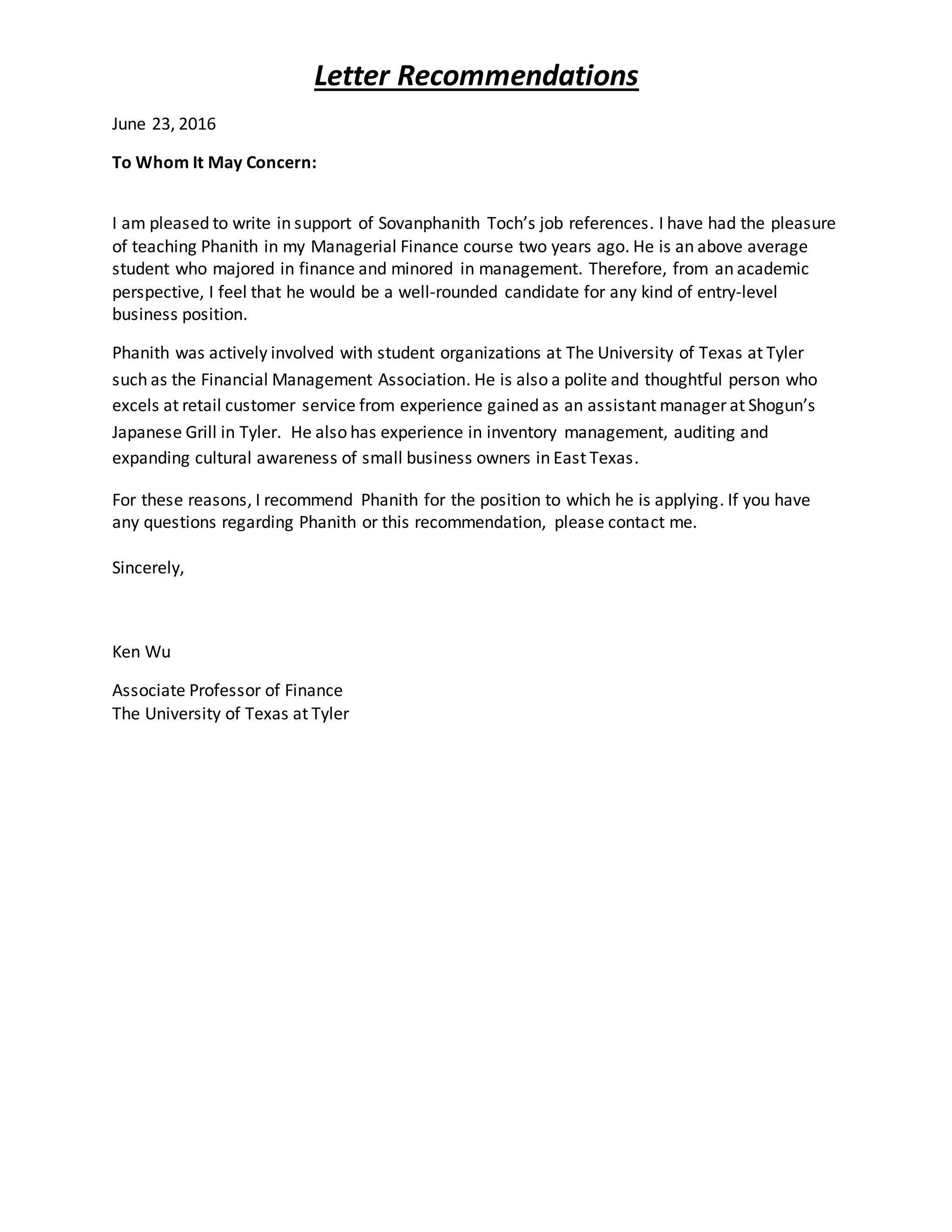 Letter Recommendations | DOCX