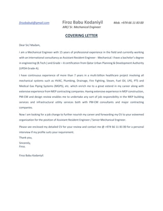 Firoz Babu K - Sr. Mechanical Engineer - CV | PDF