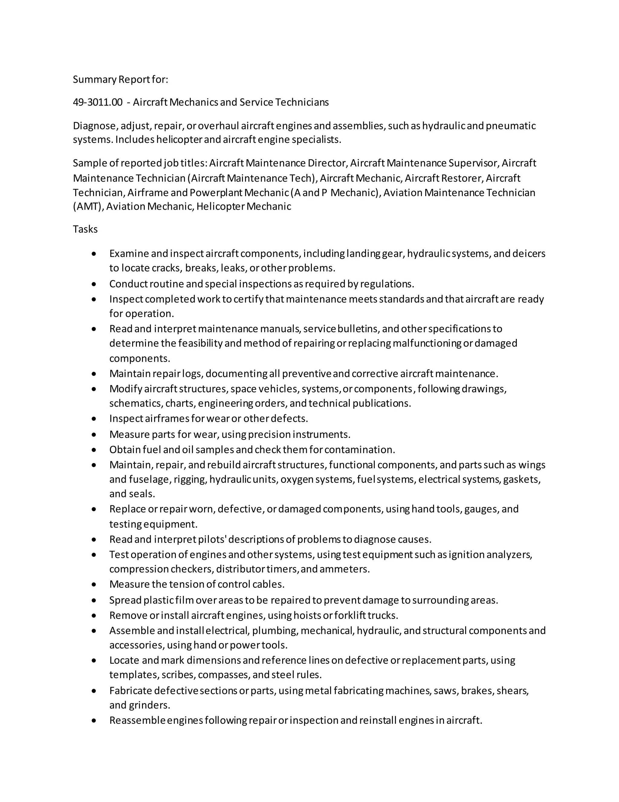 Summary Report for Aircraft Mechanic | DOCX