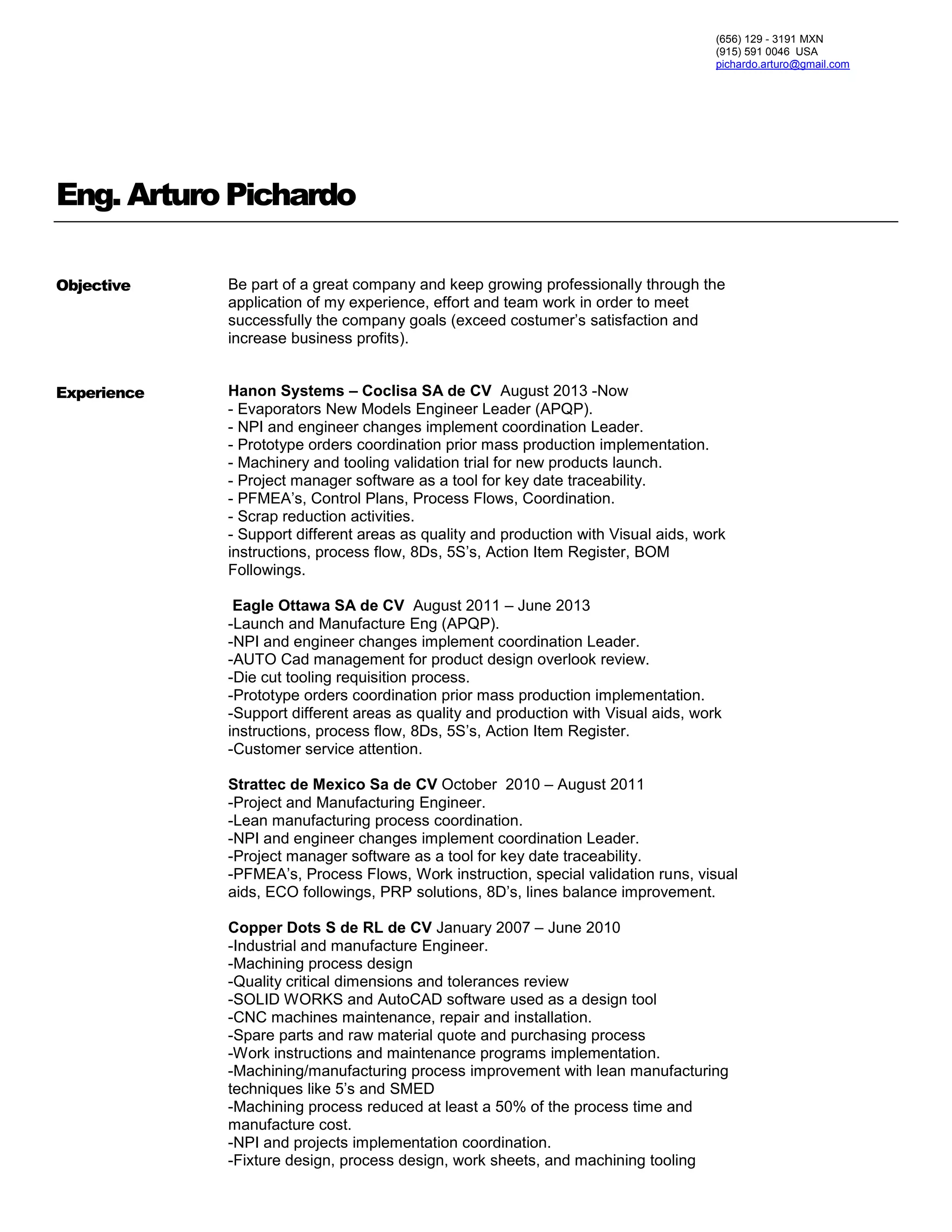 Eng. Arturo Pichardo Resume | PDF