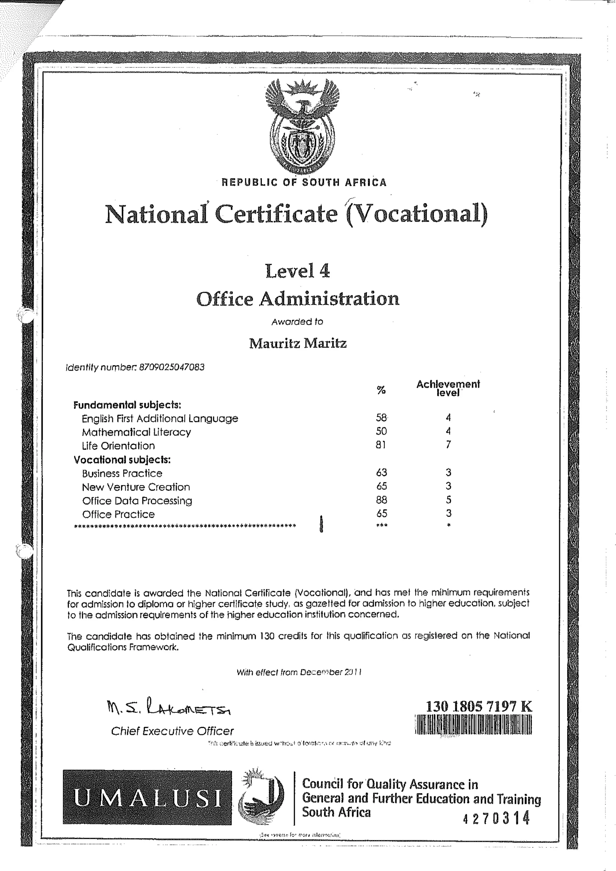 Maritz Mauritz - Certificate | PDF