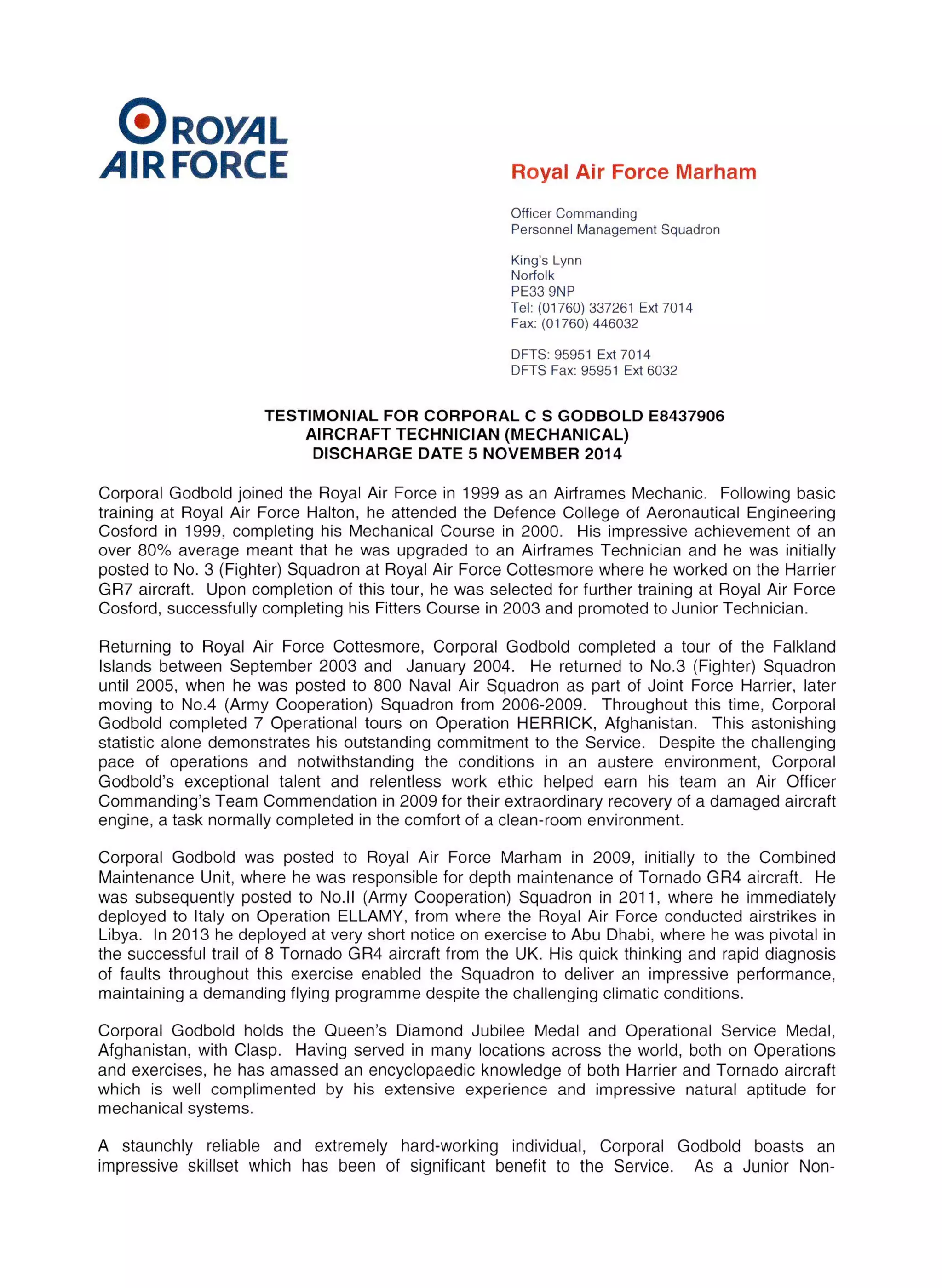 Craig Godbold RAF Testimonial | PDF | Aviation Industry | Industries