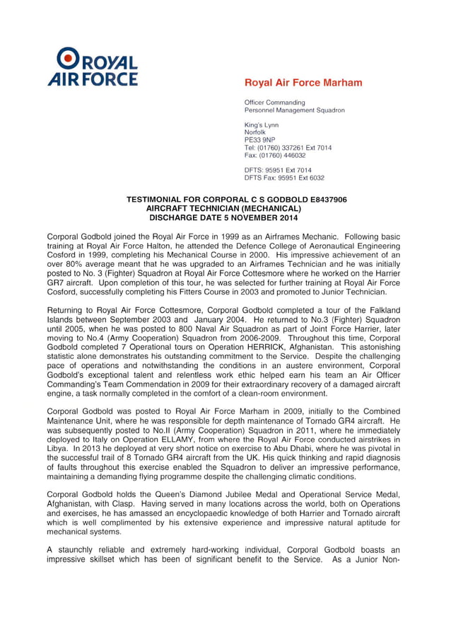 Craig Godbold RAF Testimonial | PDF | Aviation Industry | Industries