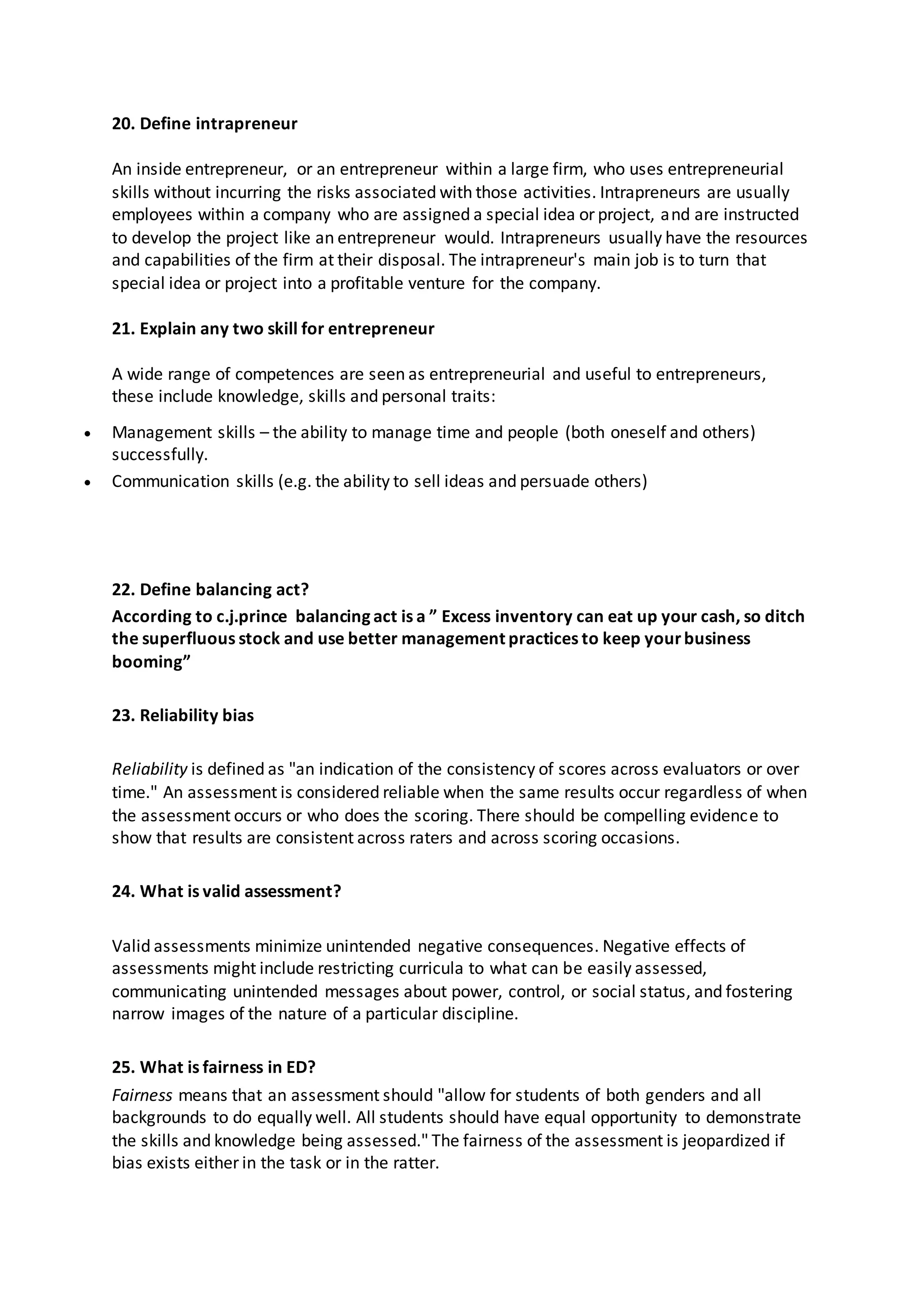 Entrepreneurship short question and answer | DOCX