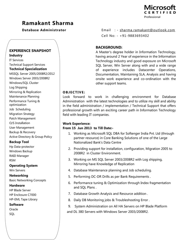 Ramakant Resume | DOC | IT and Internet Support | Internet