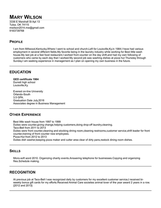 Mary Wilson's.SLS1321.WK3 Resume | PDF