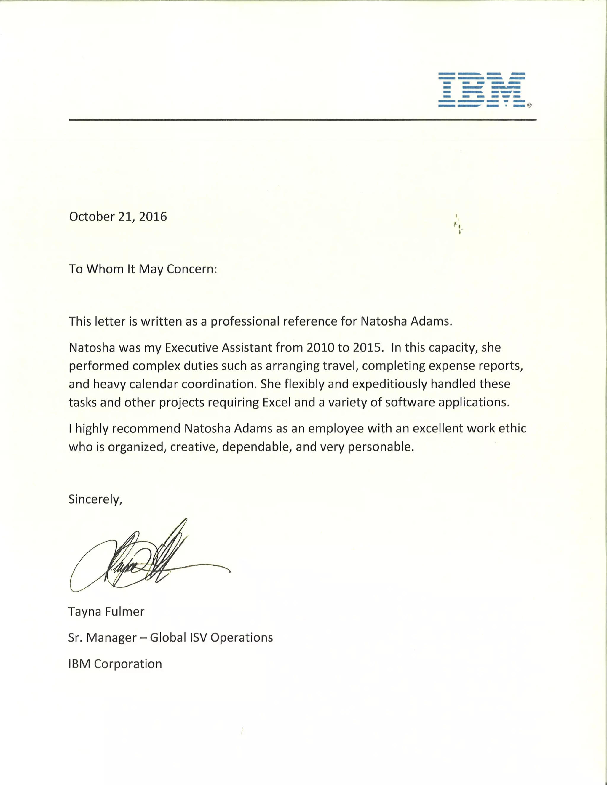 IBM Reference Letter - Tayna | PDF