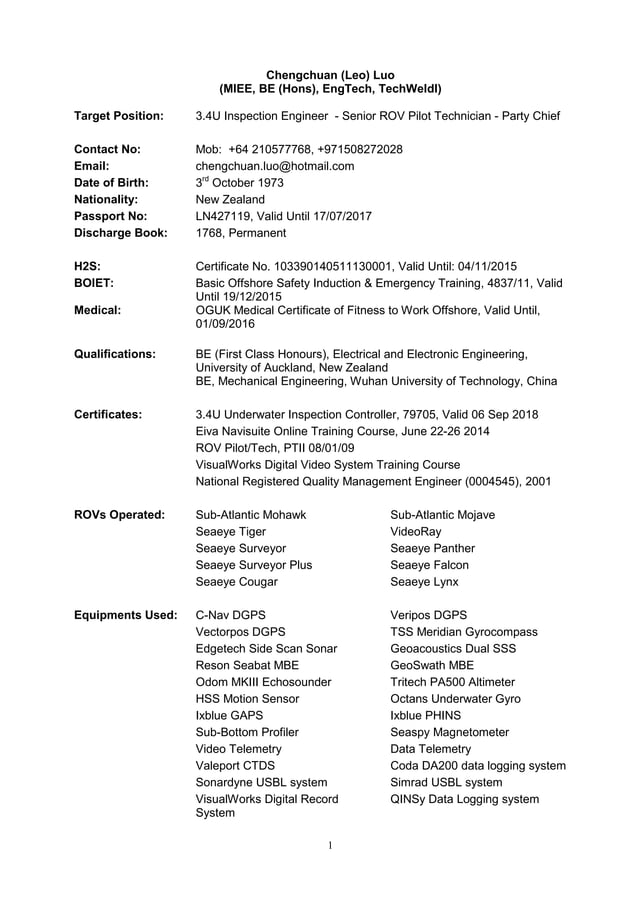 CV - 3.4U and ROV - Chengchuan Luo | PDF | Scuba Diving | Extreme Sports