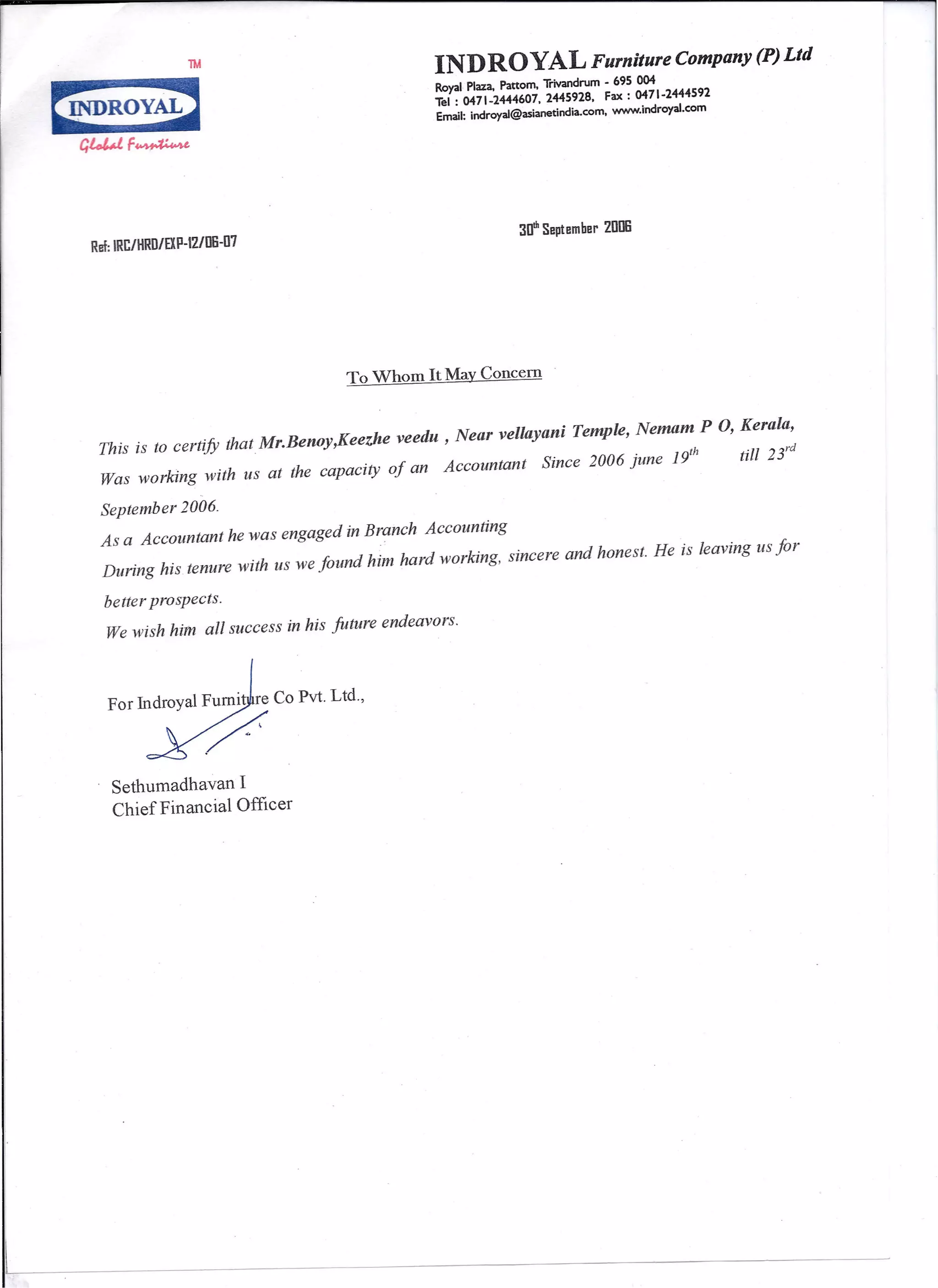 Indroyal Global Furniture Experience Certificate | PDF