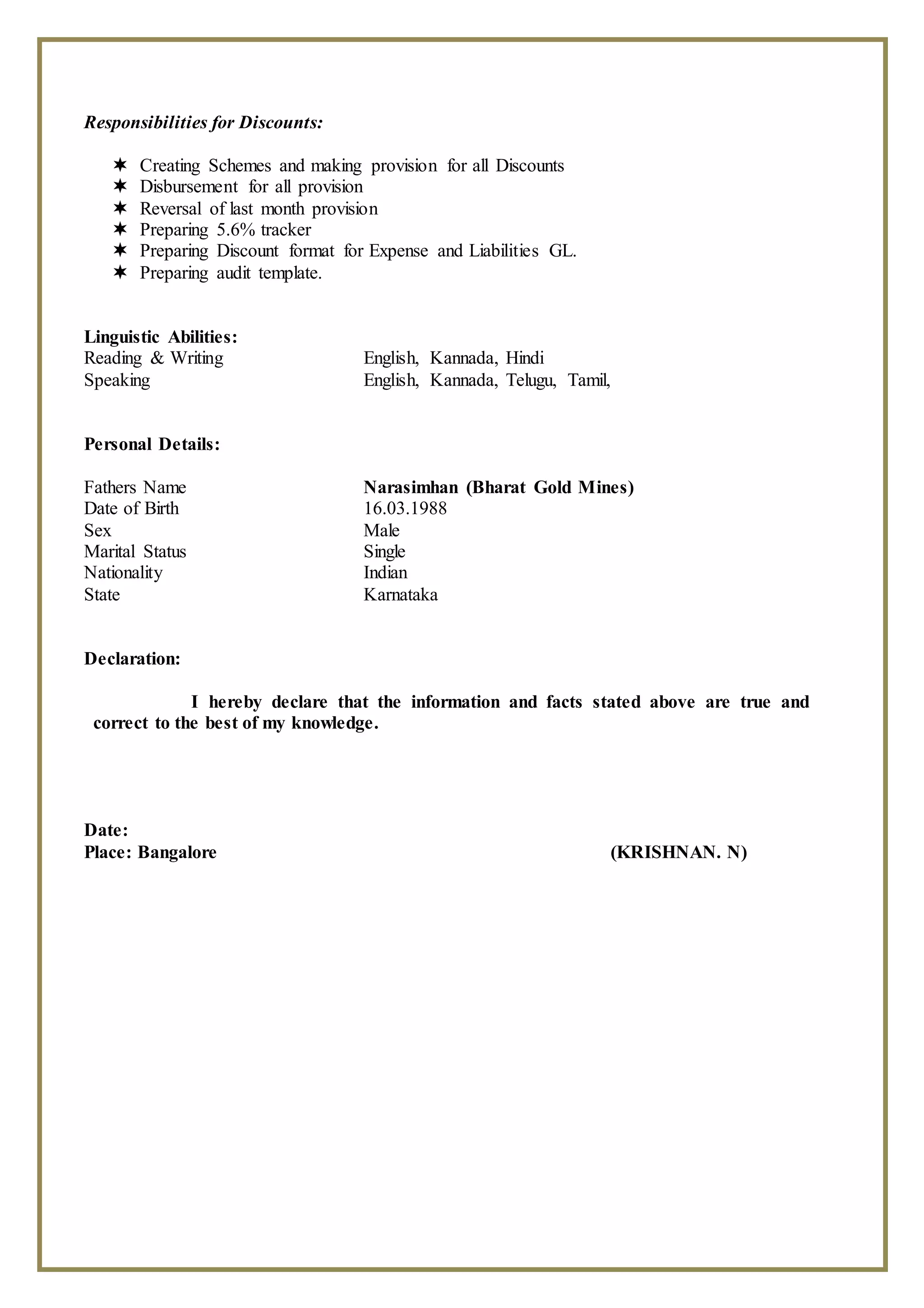 Krishnan Resume (1) | DOCX | Credit Cards | Personal Debt