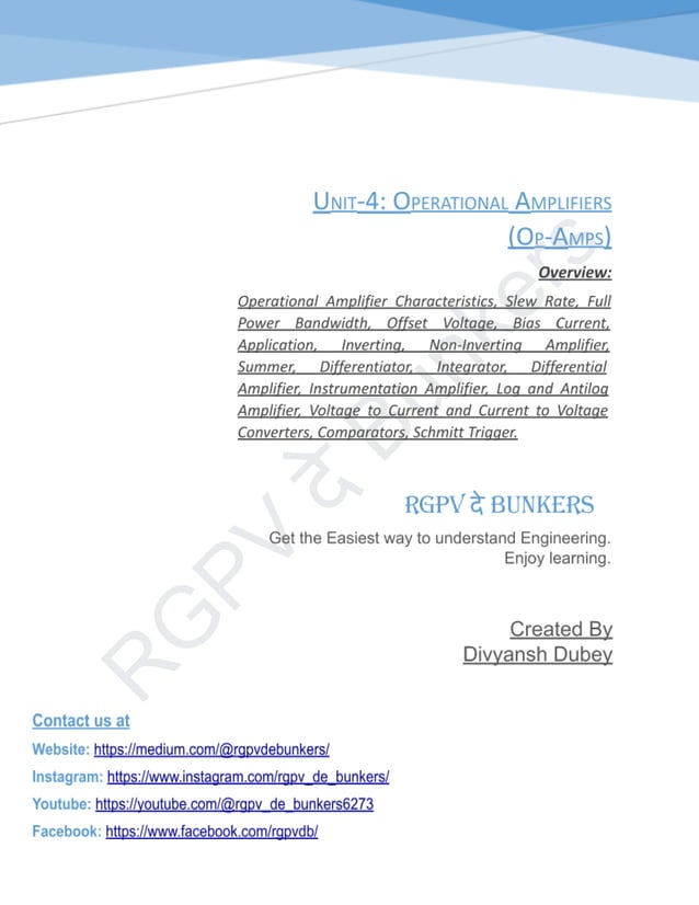 EDC Unit-4 Operational Amplifiers (Op-Amps) | RGPV De Bunkers | PDF
