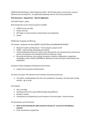 EPA H2020 SC5 Info Day: Additional notes to accompany Irish Successes ...