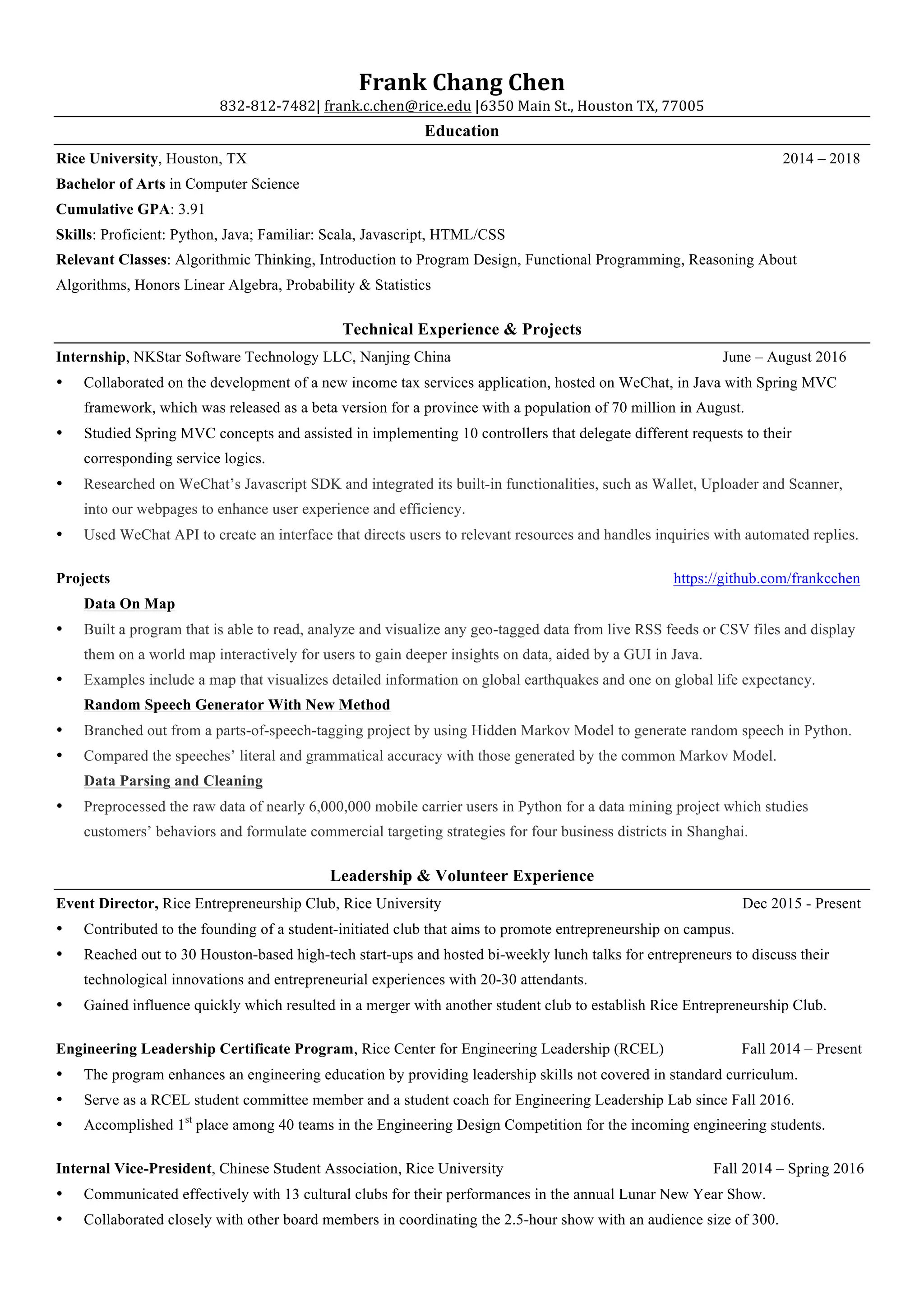 FrankChen_Resume_Junior | PDF | Programming Languages | Computing