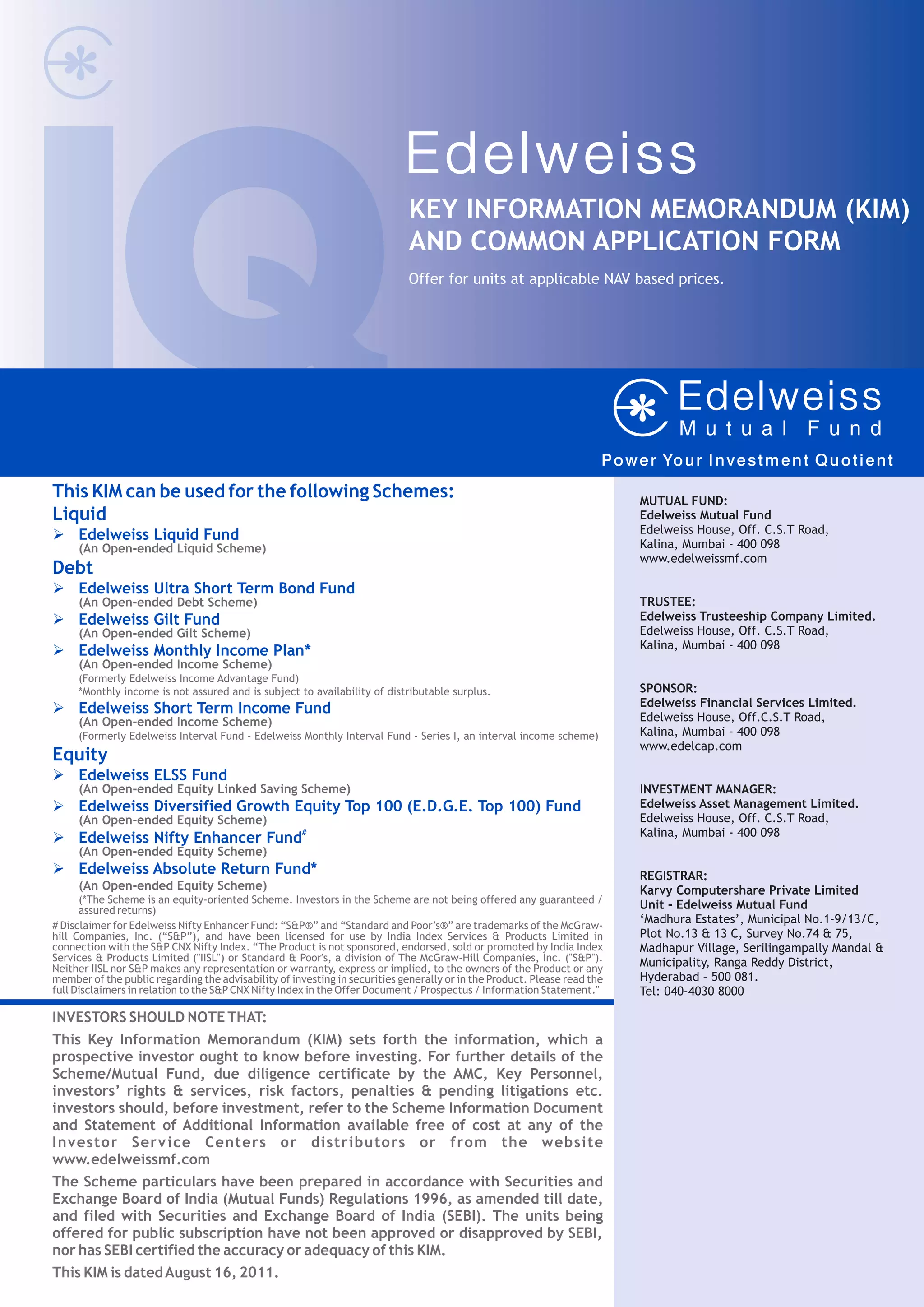 Edelweiss mutual fund common application form with kim | PDF