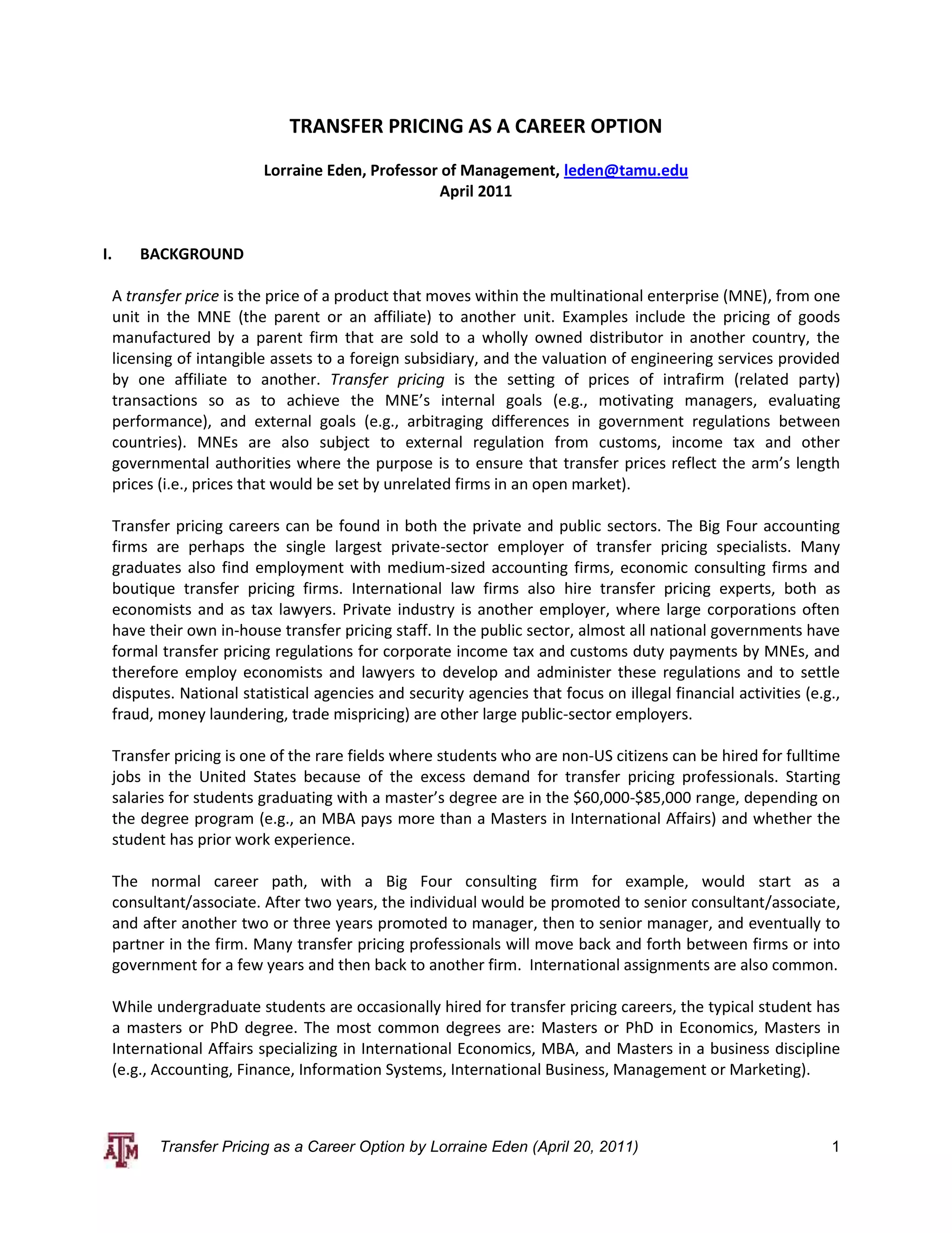 TRANSFER PRICING AS A CAREER OPTION | PDF