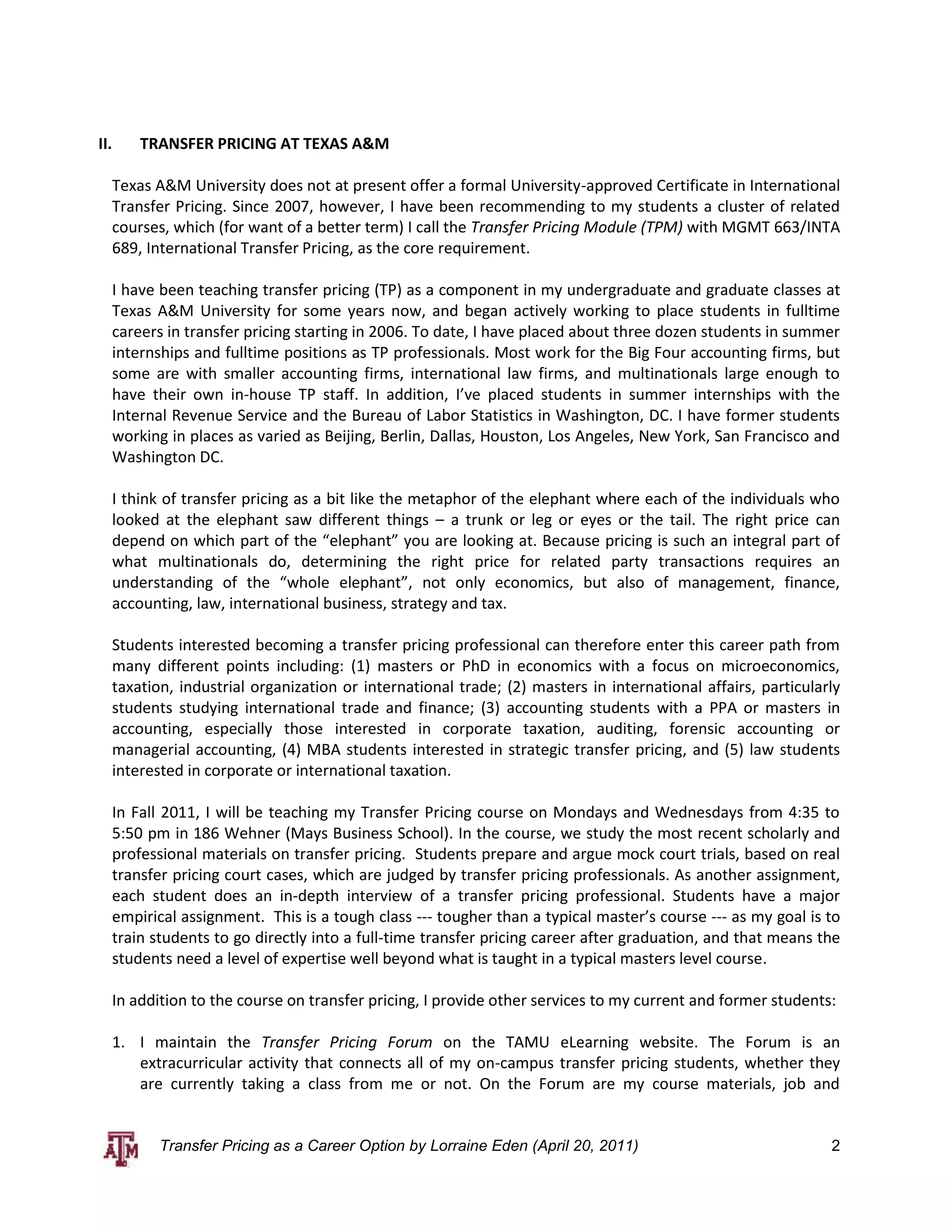 TRANSFER PRICING AS A CAREER OPTION | PDF