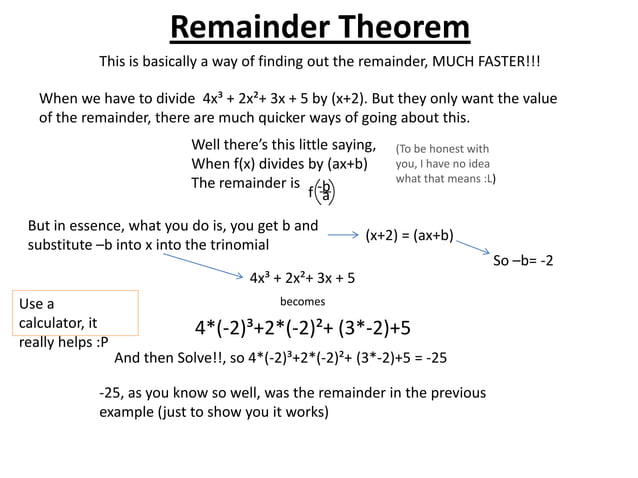 Edexcel Maths – Core 2 – Algebraic Division and Remainder Theorem | PPTX | Computing ...
