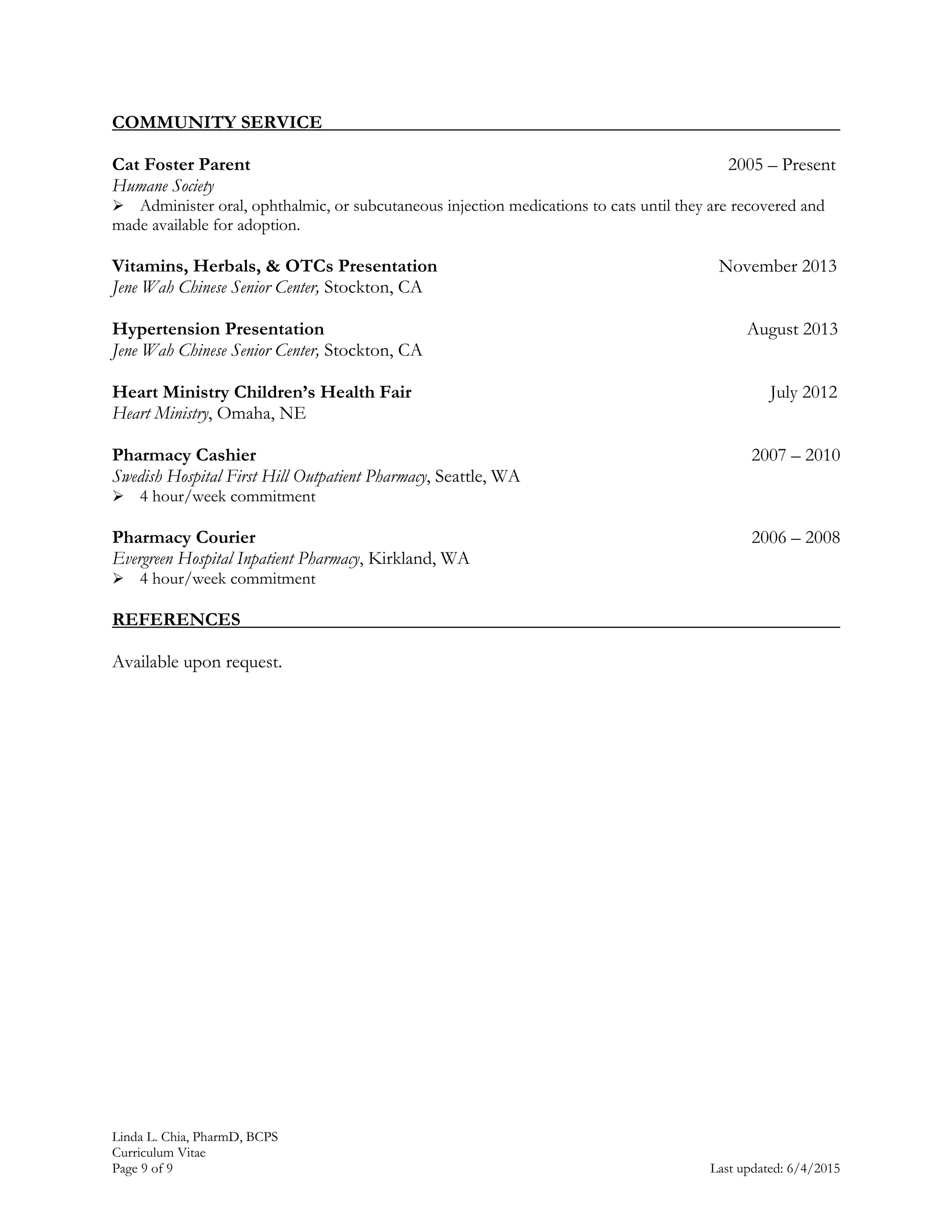 Linda Chia- Curriculum Vitae | PDF