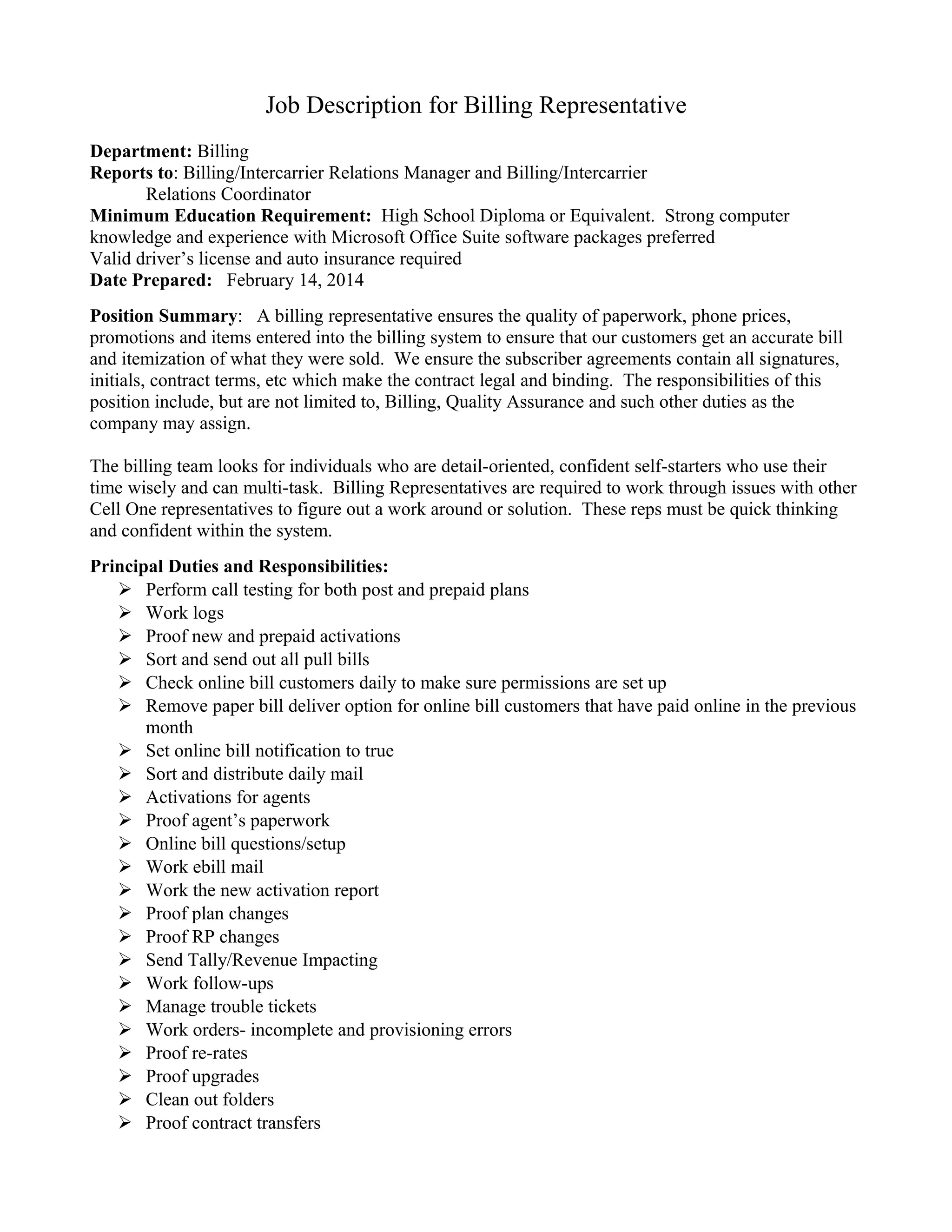 Billing Rep Job Description | DOC