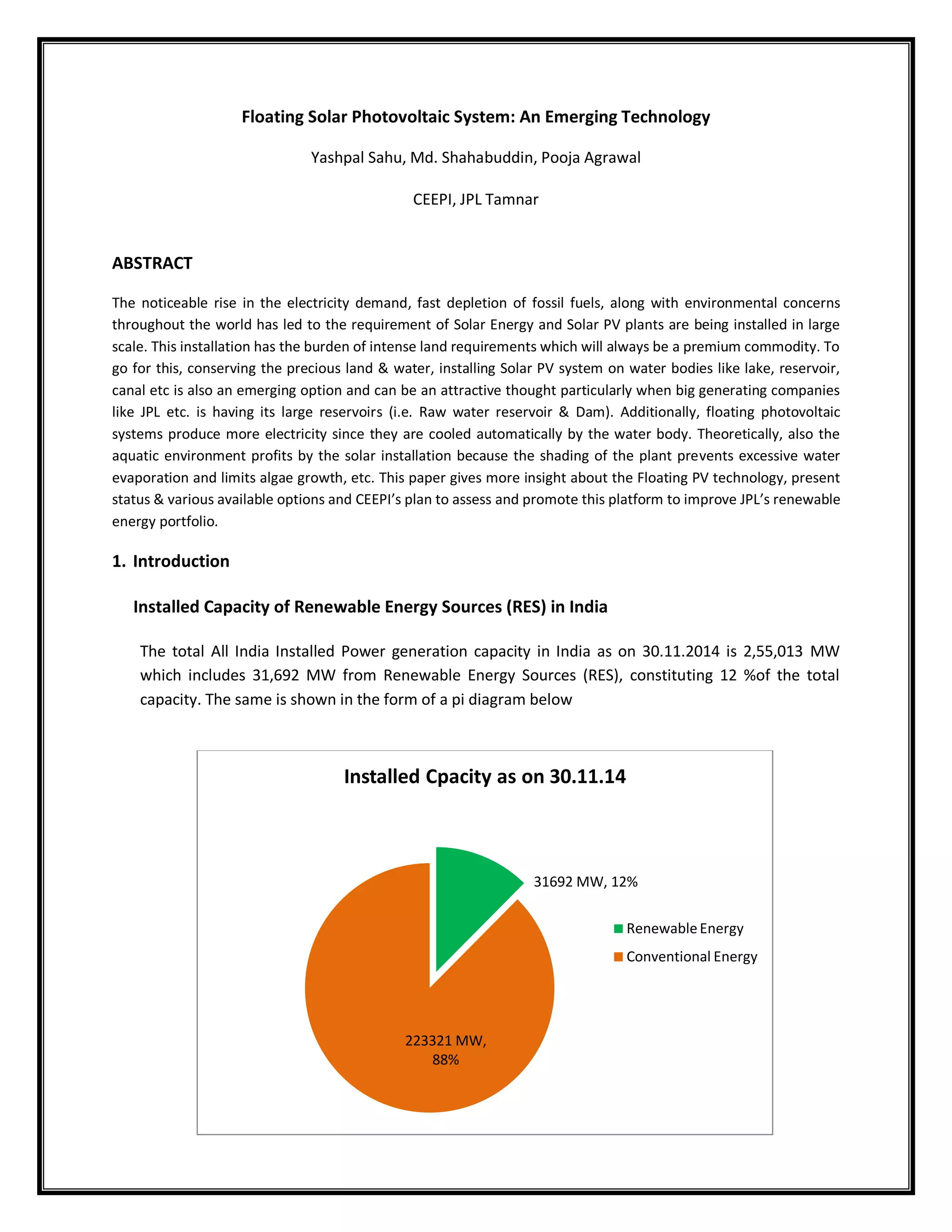 1. Paper on Floating Solar Photovoltaic System An Emerging Technology | PDF