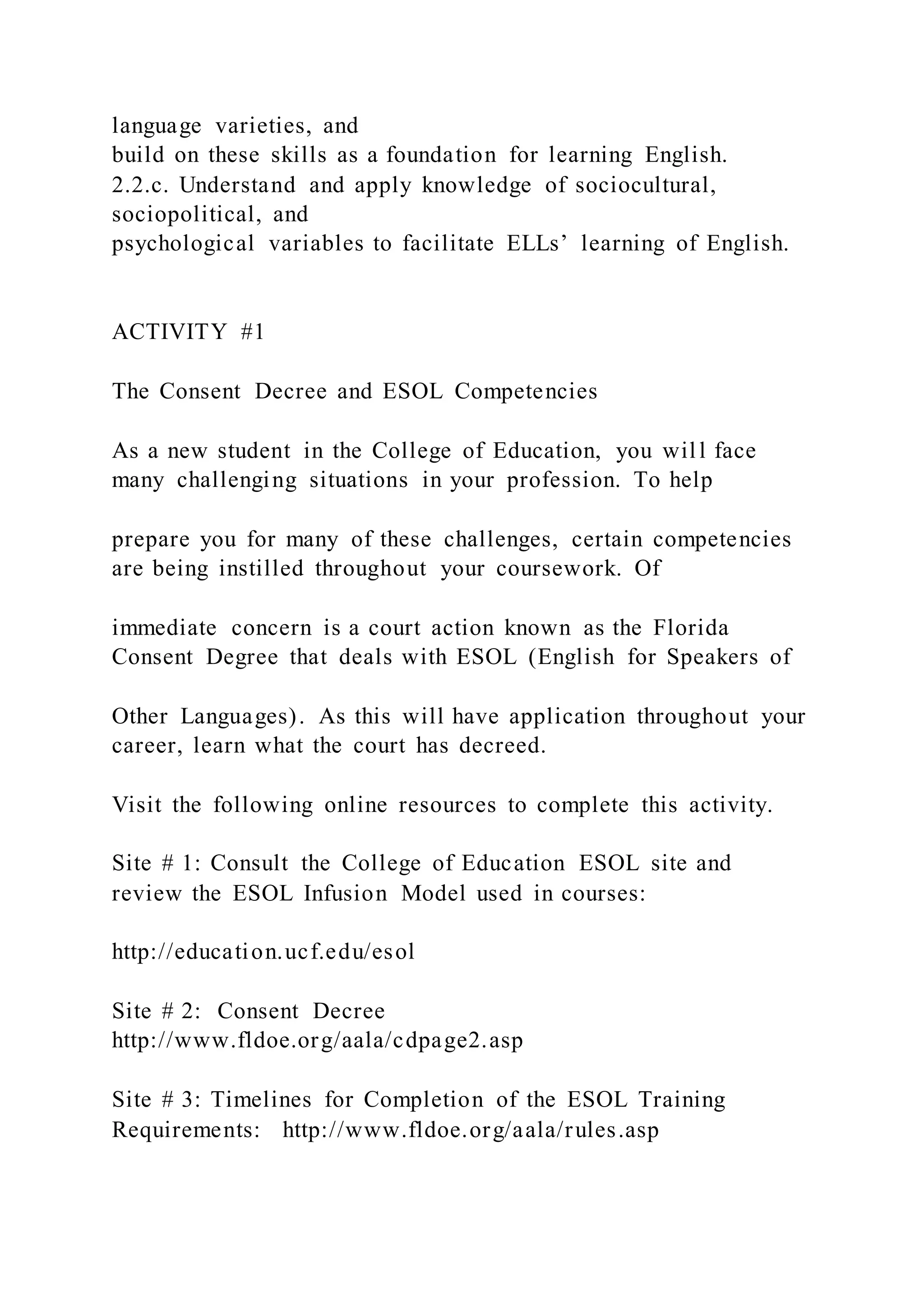 EDF2085 ESOL MODULE ESOL PERFORMANCE STANDARDS Activit | DOCX