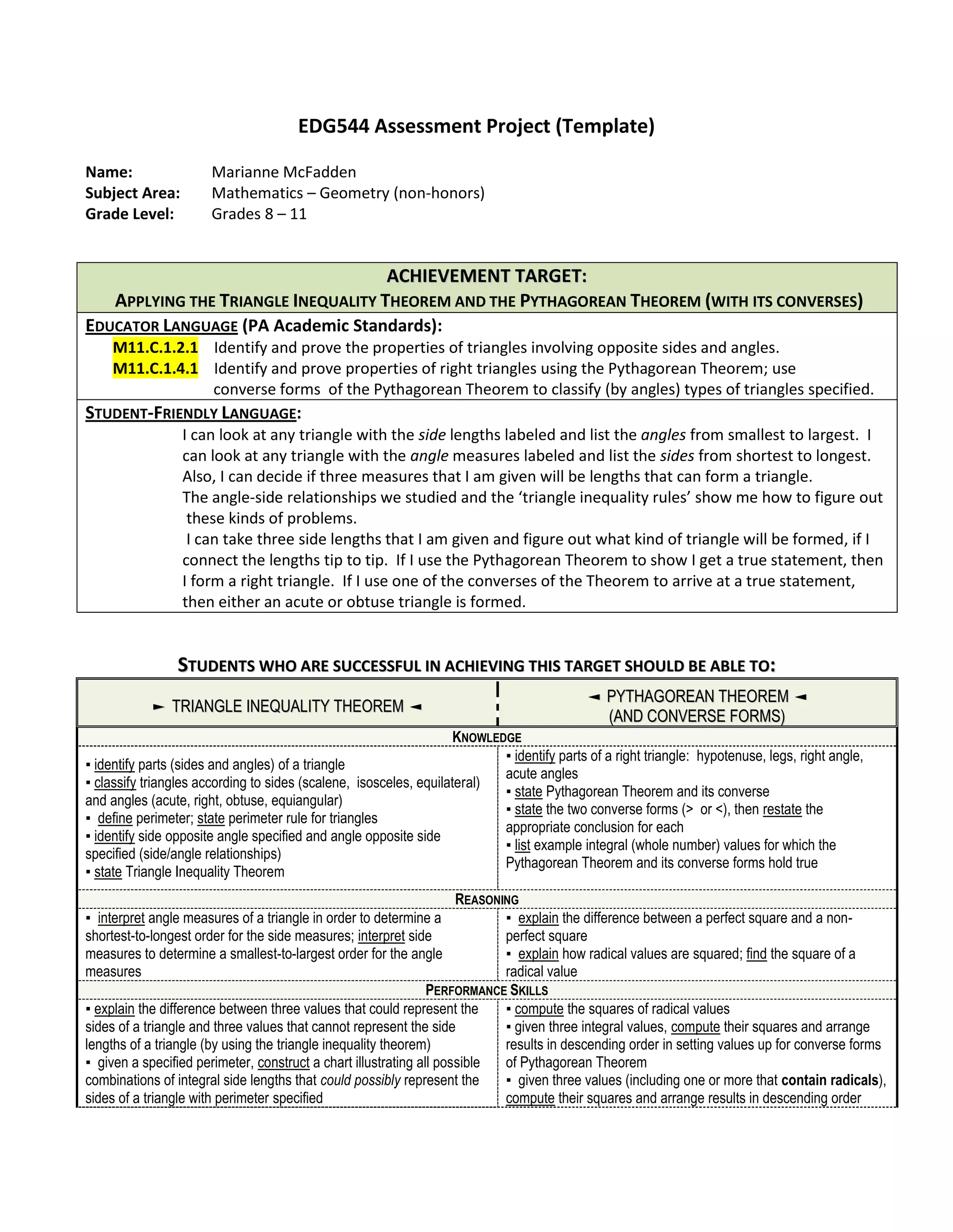 Triangle Inequality Theorem: Activities and Assessment Methods | PDF