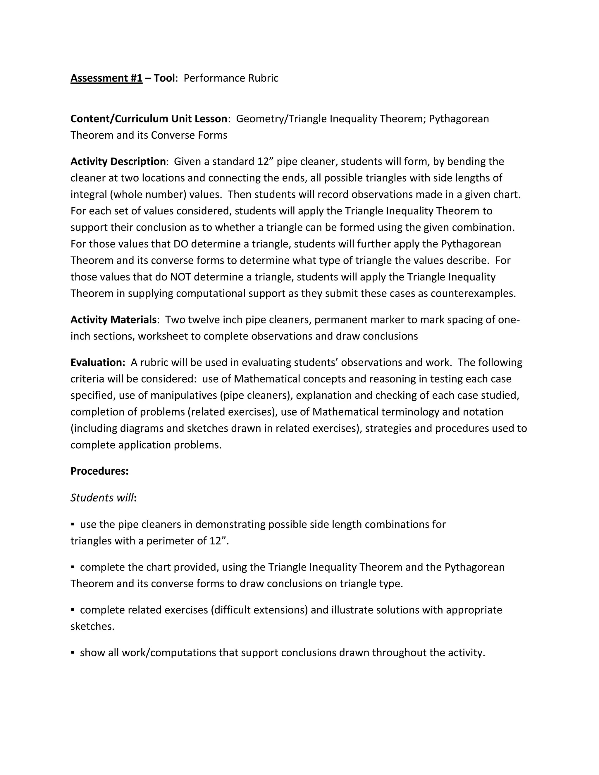 Triangle Inequality Theorem: Activities and Assessment Methods | PDF