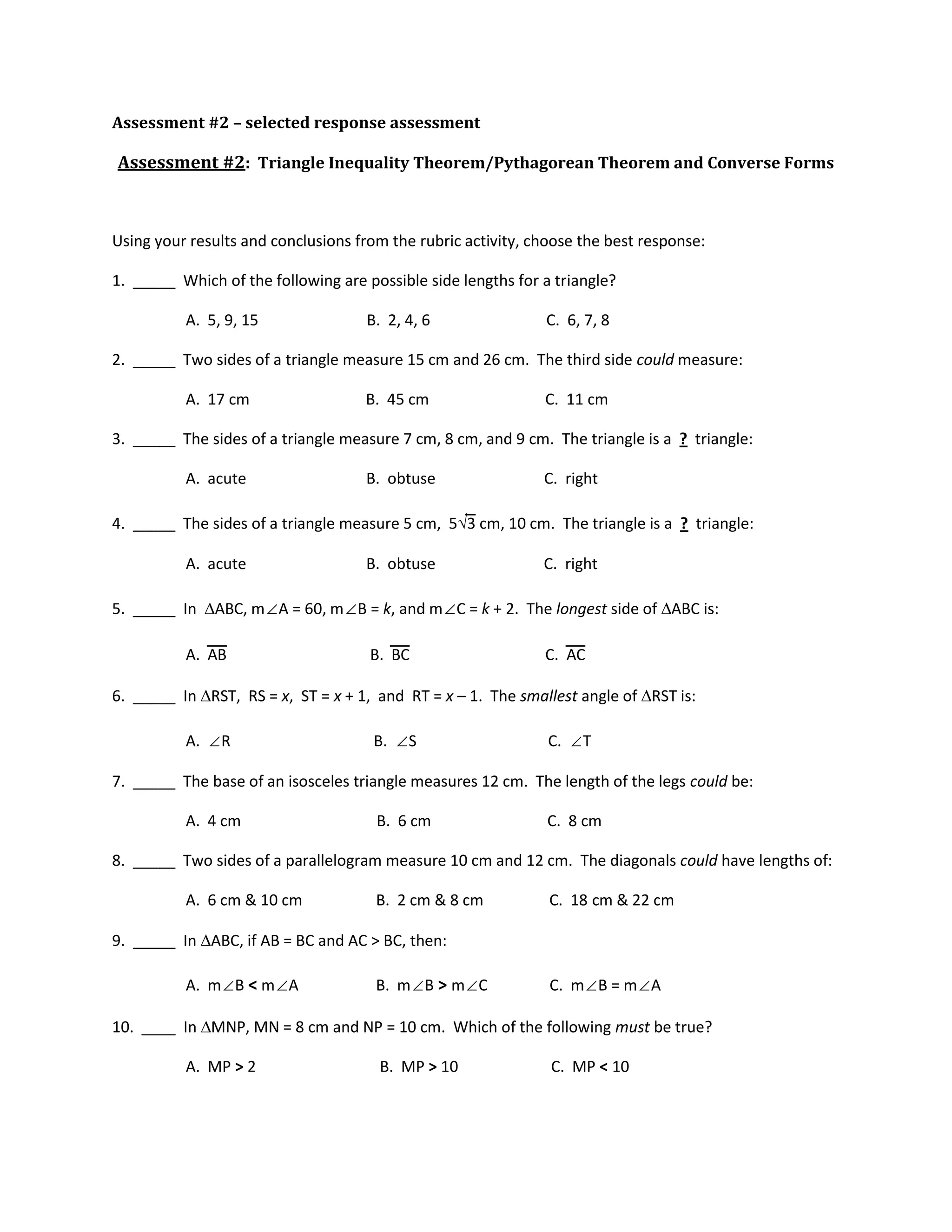 Triangle Inequality Theorem: Activities and Assessment Methods | PDF