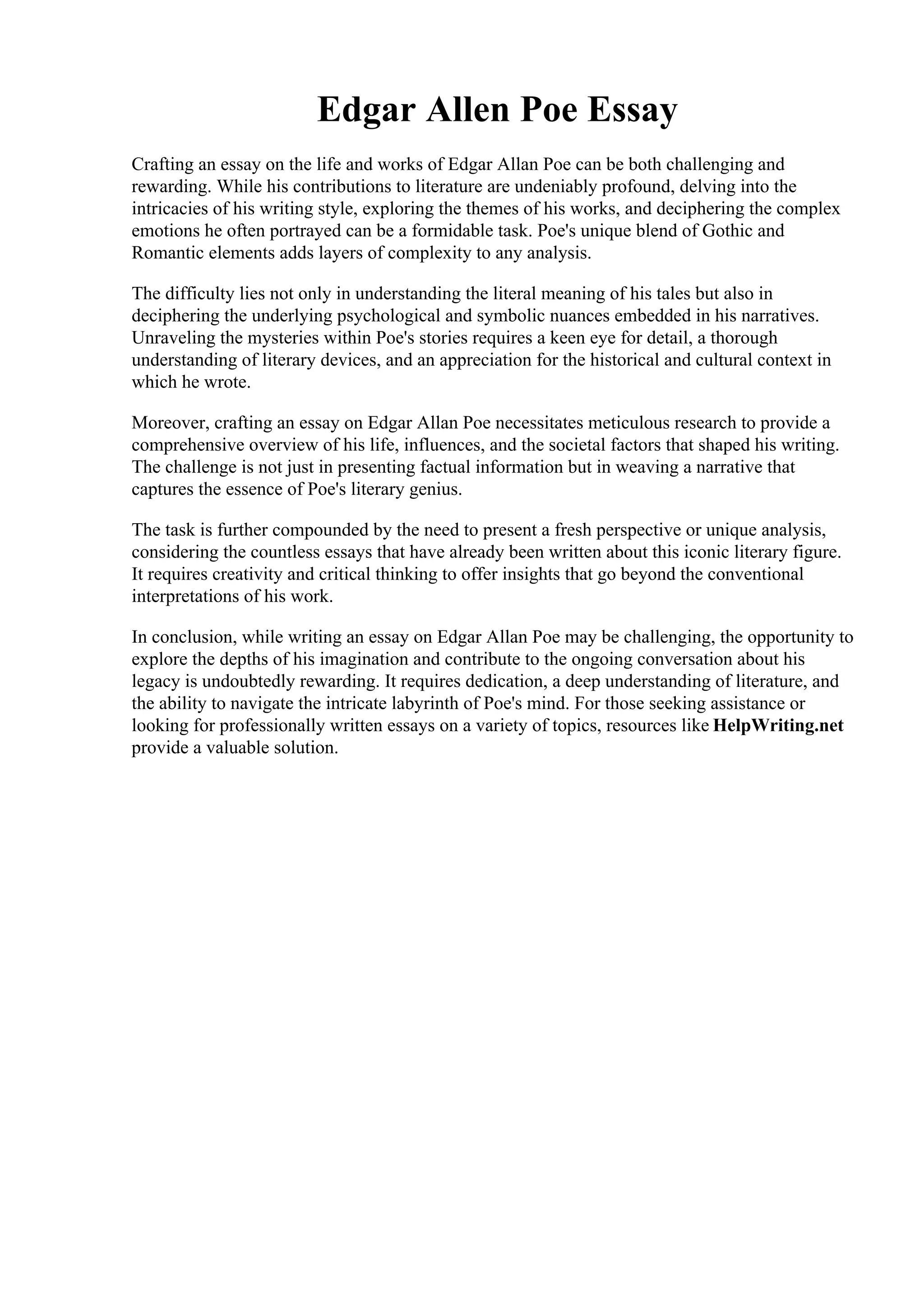 Edgar Allen Poe Essay. Edgar Allan Poes Biography Edgar Allan Poe ...