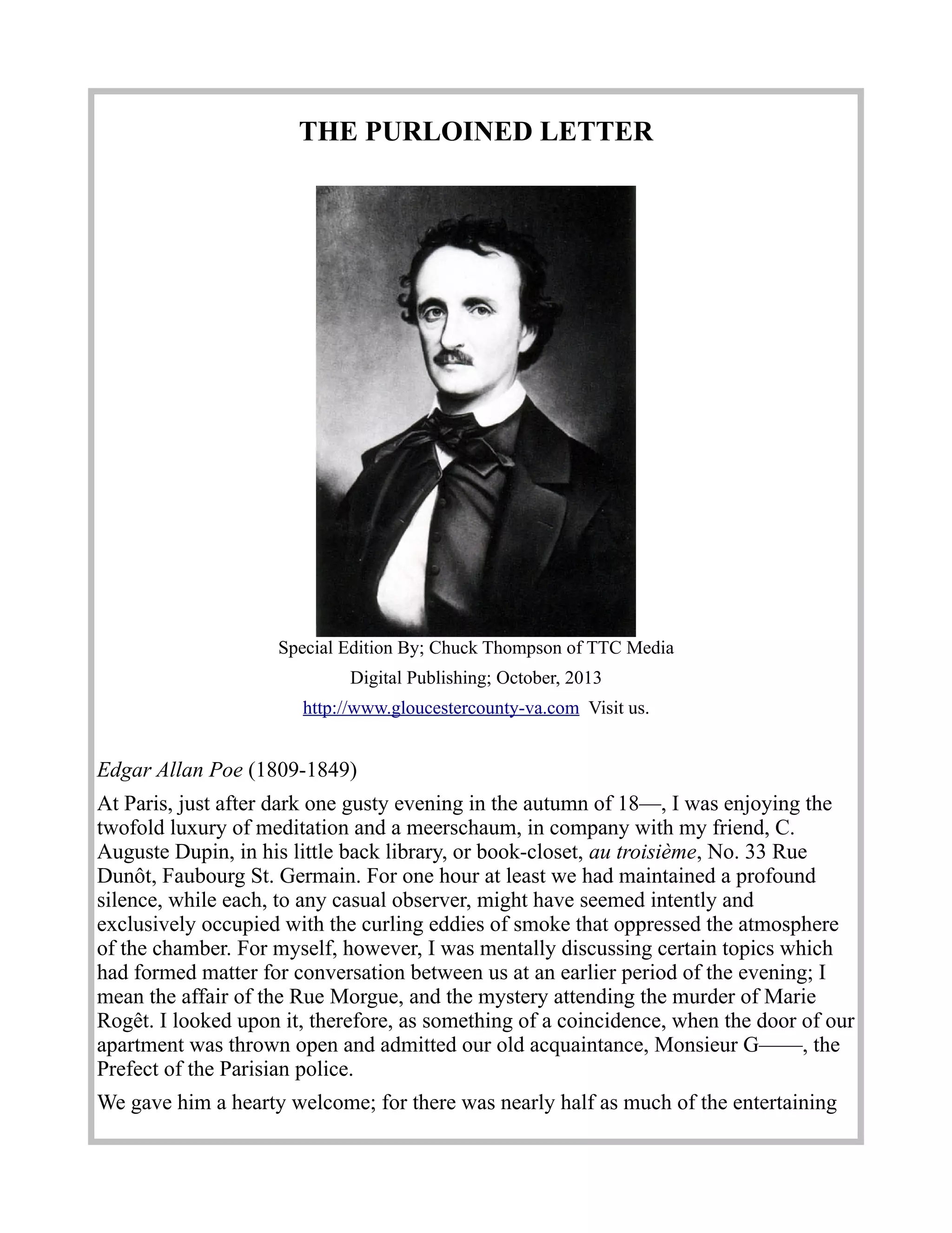 Edgar Allen Poe, The Purloined Letter | PDF