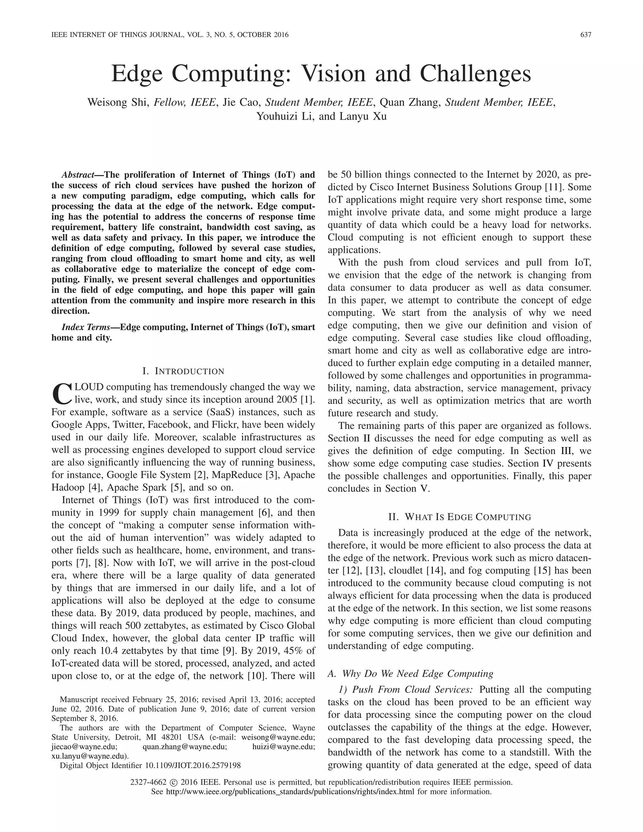 EDGE COMPUTING: VISION AND CHALLENGES | PDF