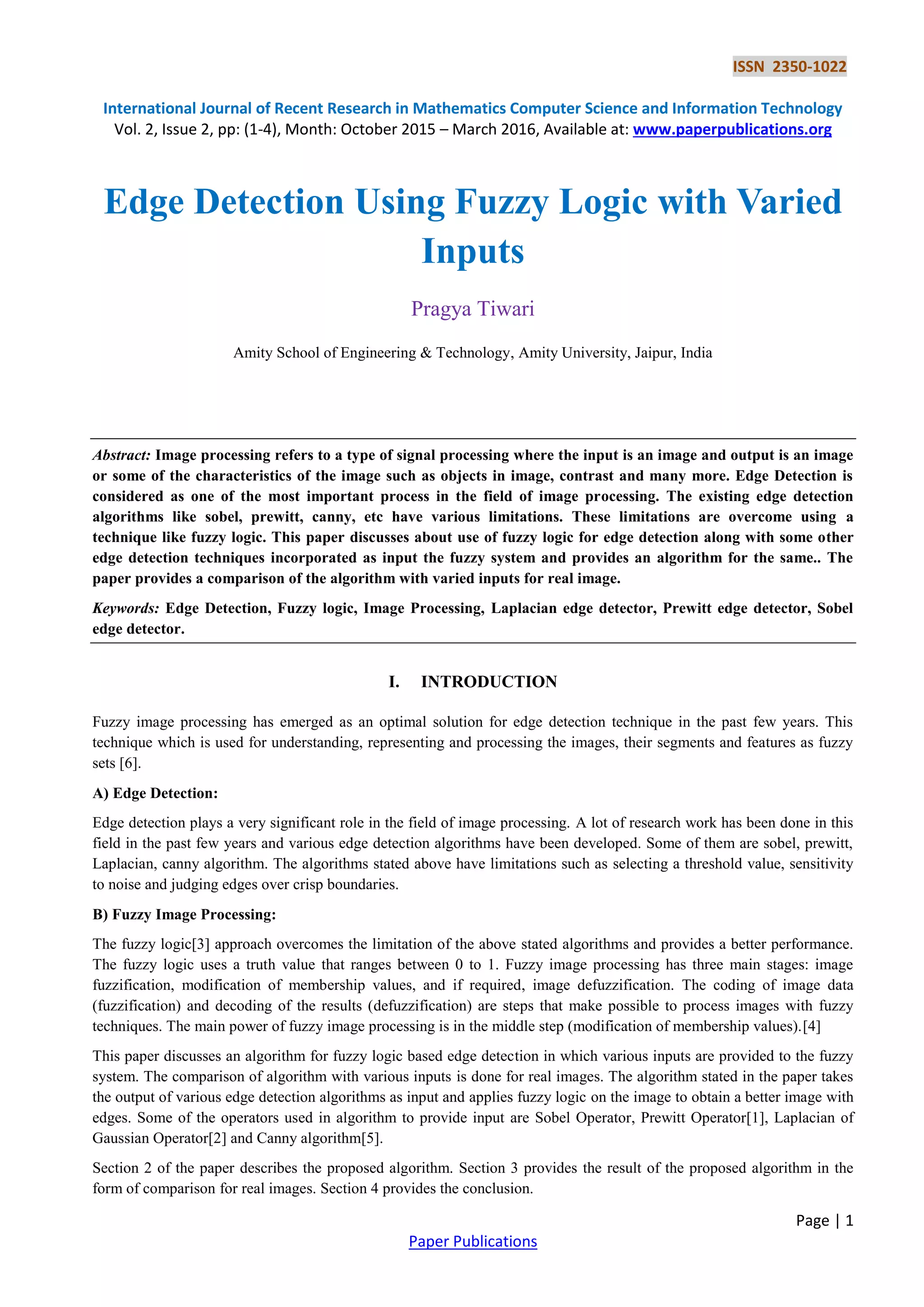 Edge Detection Using Fuzzy Logic With Varied Inputs Pdf