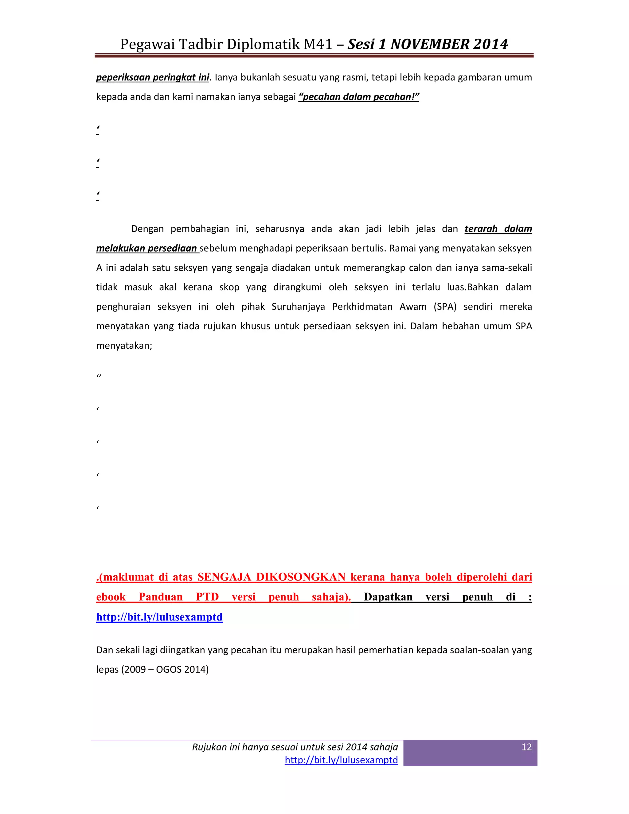Contoh Soalan & Panduan Lulus Peperiksaan Exam PTD 2014 | PDF