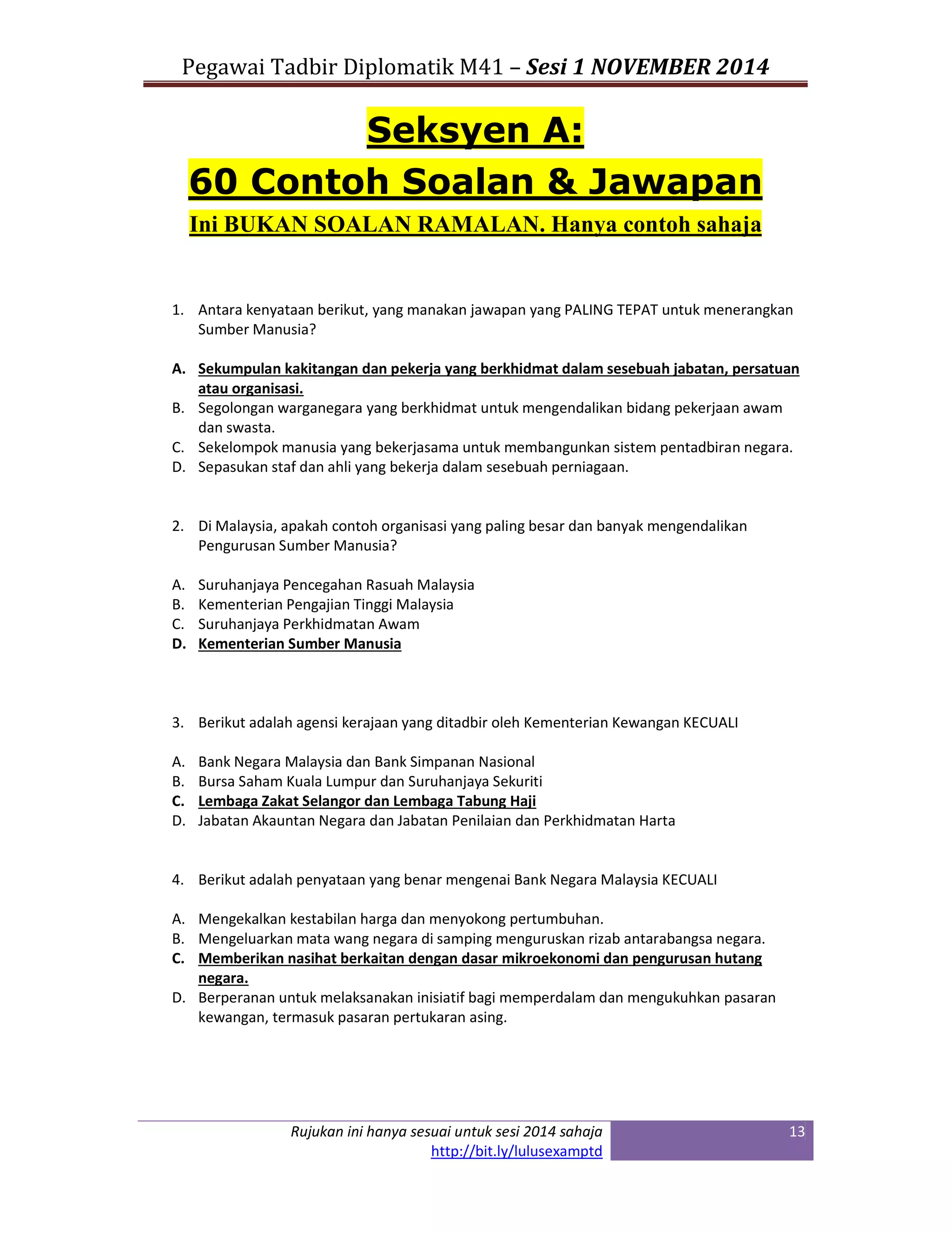 Contoh Soalan & Panduan Lulus Peperiksaan Exam PTD 2014 | PDF