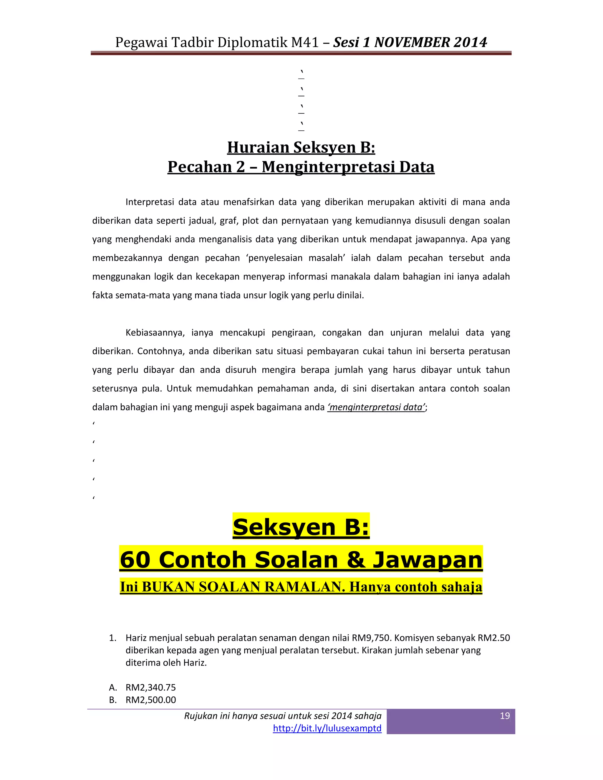 Contoh Soalan & Panduan Lulus Peperiksaan Exam PTD 2014 | PDF