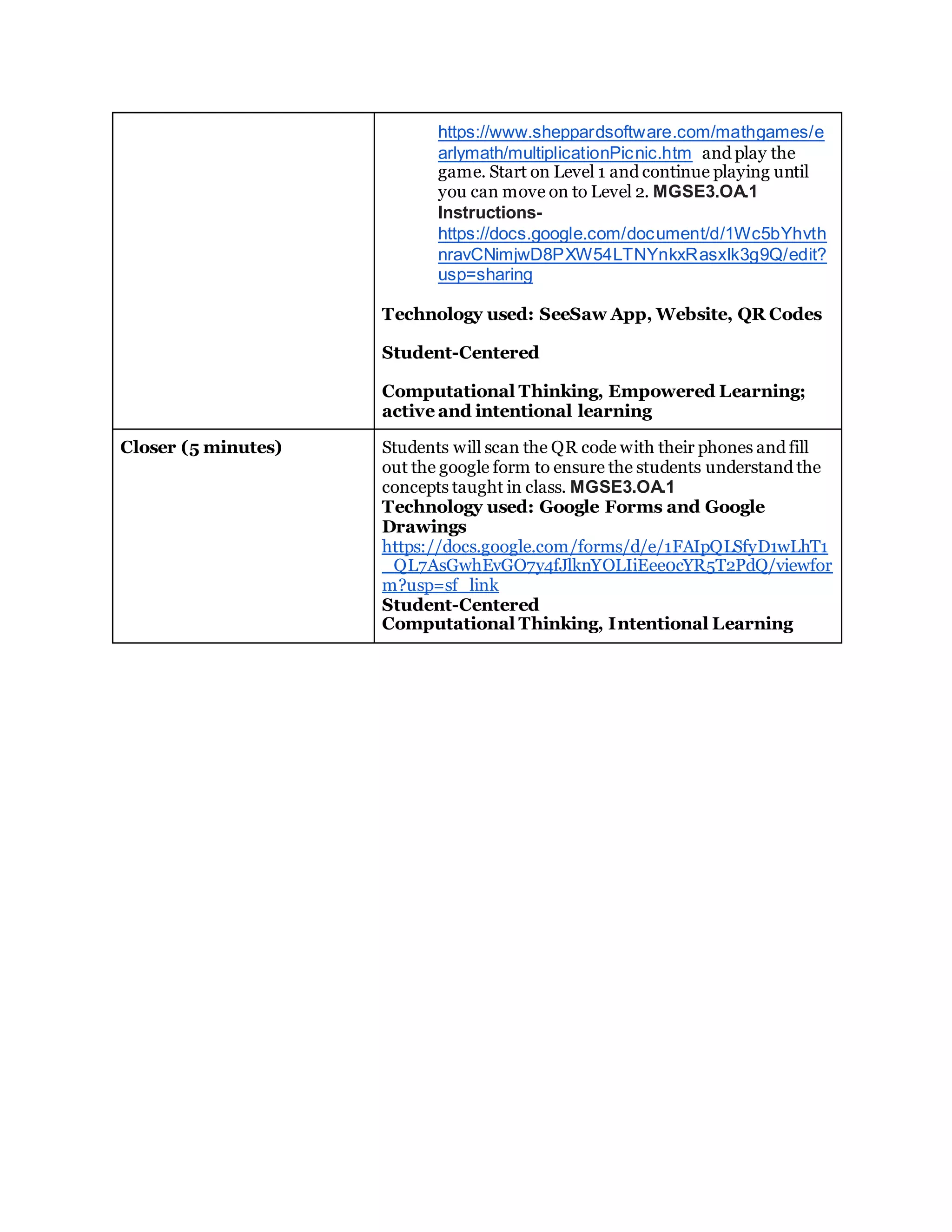 3rd Grade Mathematics Lesson Plan | DOCX