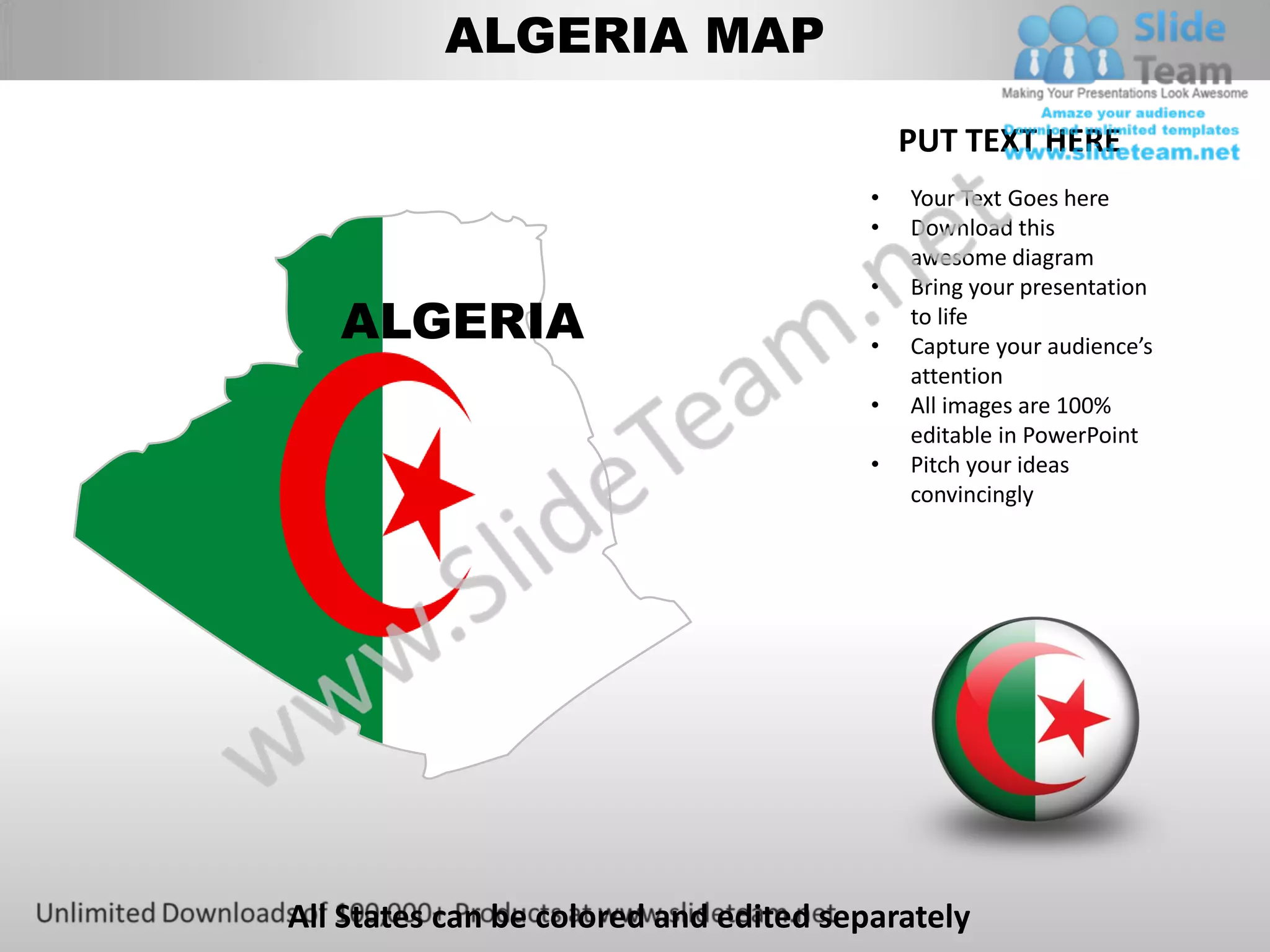 Editable algeria power point map with capital and flag templates slides ...