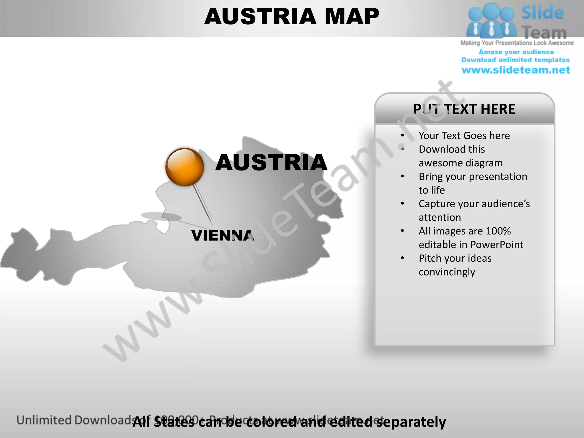 Editable austria power point map with capital and flag templates slides ...