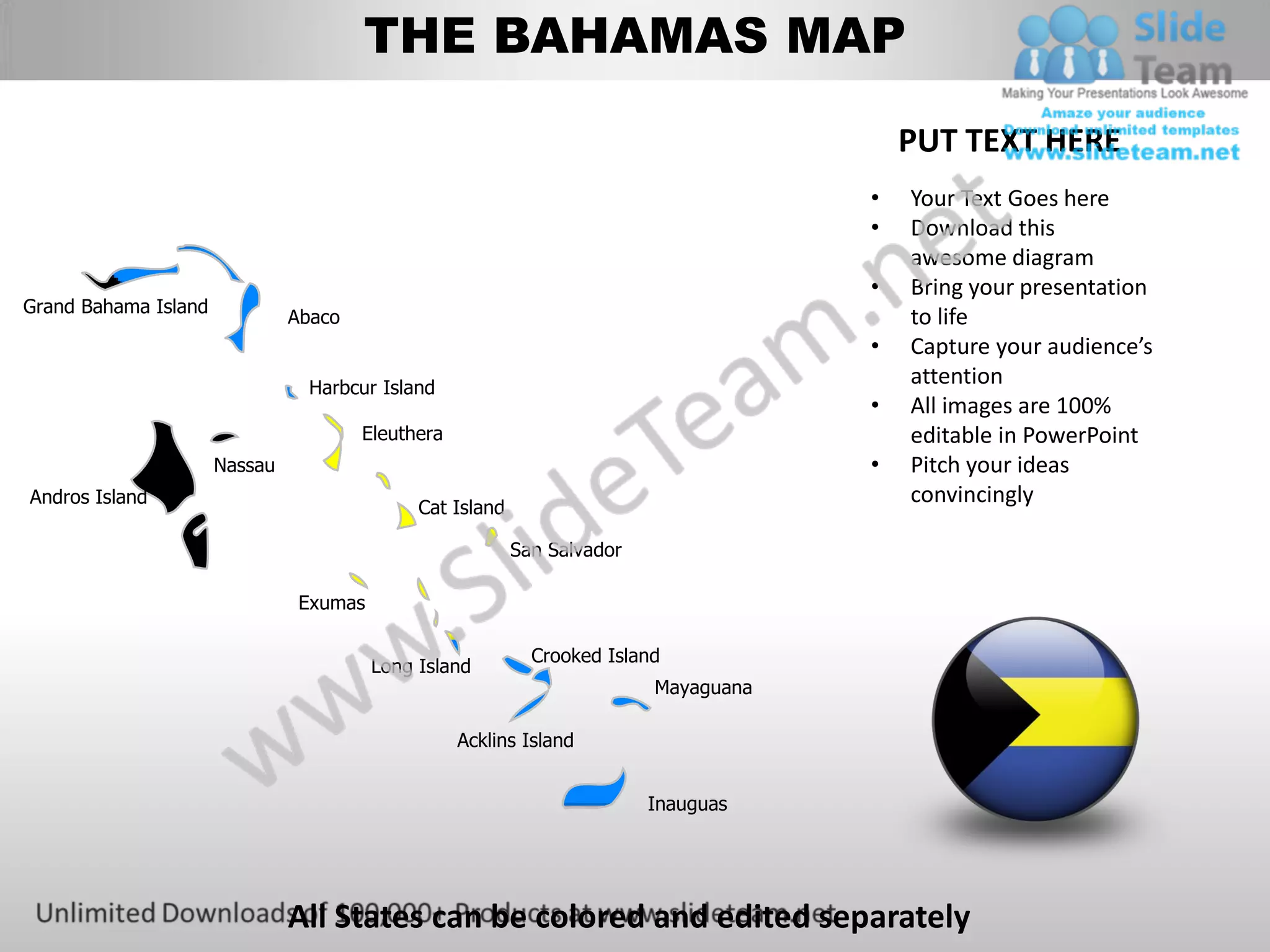 Editable bahamas power point map with capital and flag templates slides ...