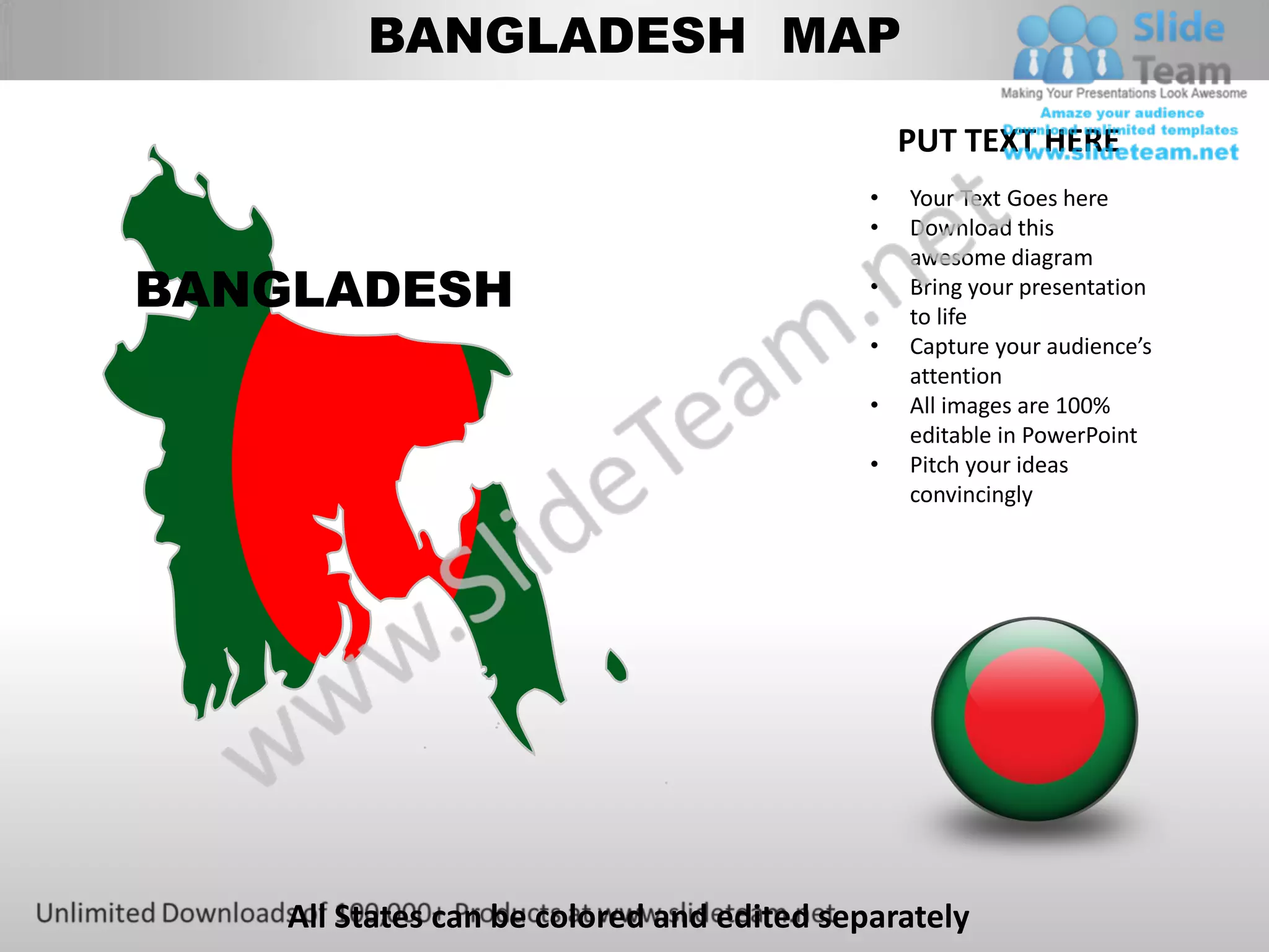 Editable bangladesh power point map with capital and flag templates ...