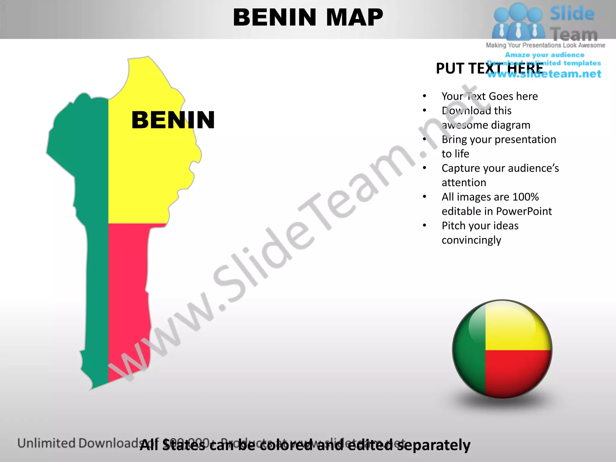 Editable benin power point map with capital and flag templates slides ...