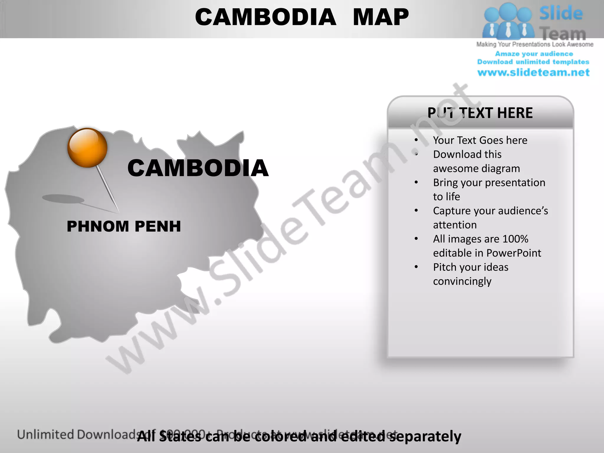 Editable cambodia power point map with capital and flag templates ...