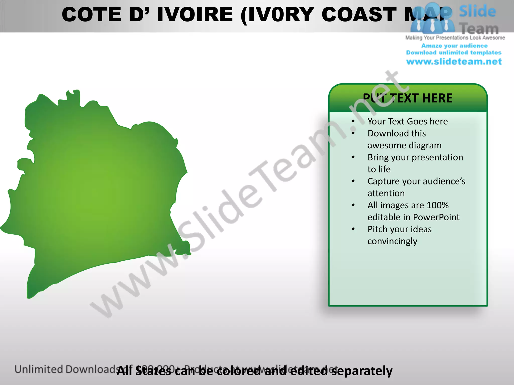 Editable cote d'ivoire (ivory coast power point map with capital and ...