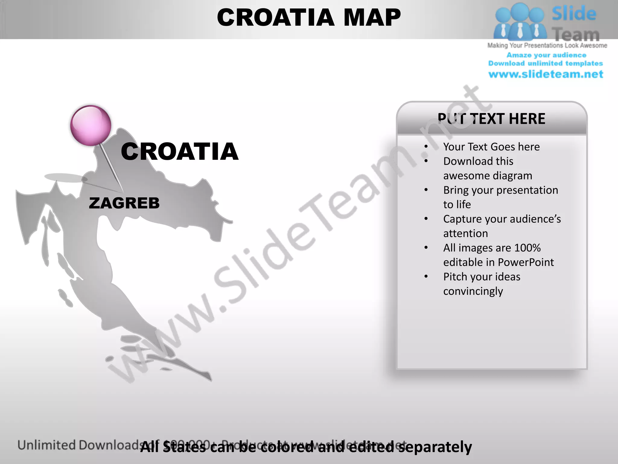 Editable croatia power point map with capital and flag templates slides ...