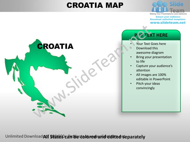 Editable croatia power point map with capital and flag templates slides ...