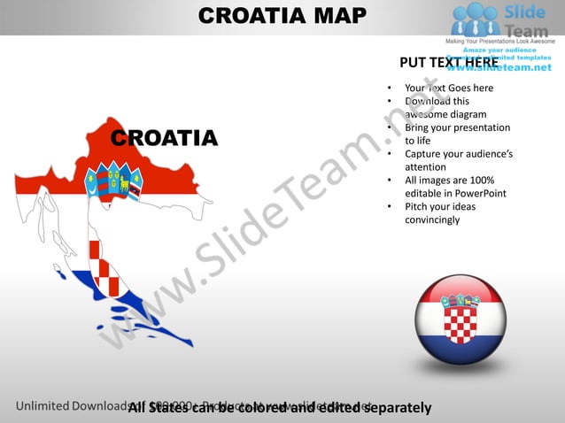 Editable croatia power point map with capital and flag templates slides ...