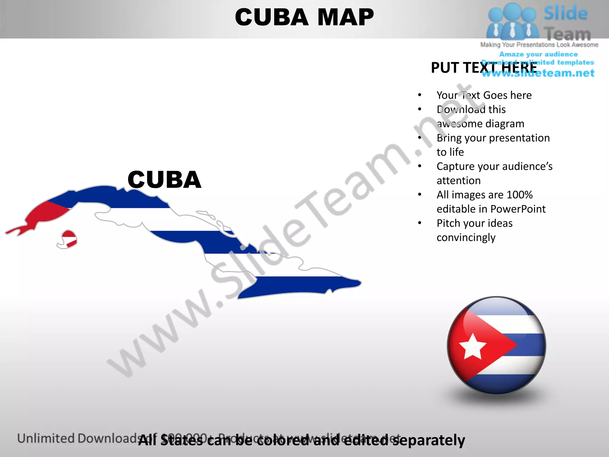 Editable cuba power point map with capital and flag templates slides ...