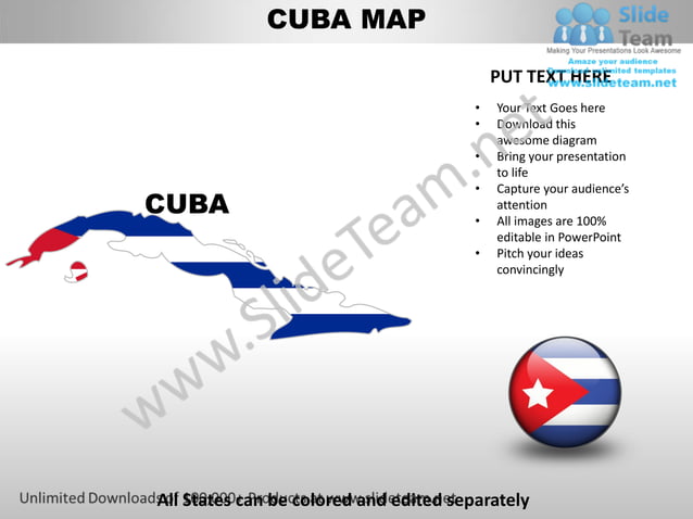 Editable cuba power point map with capital and flag templates slides ...