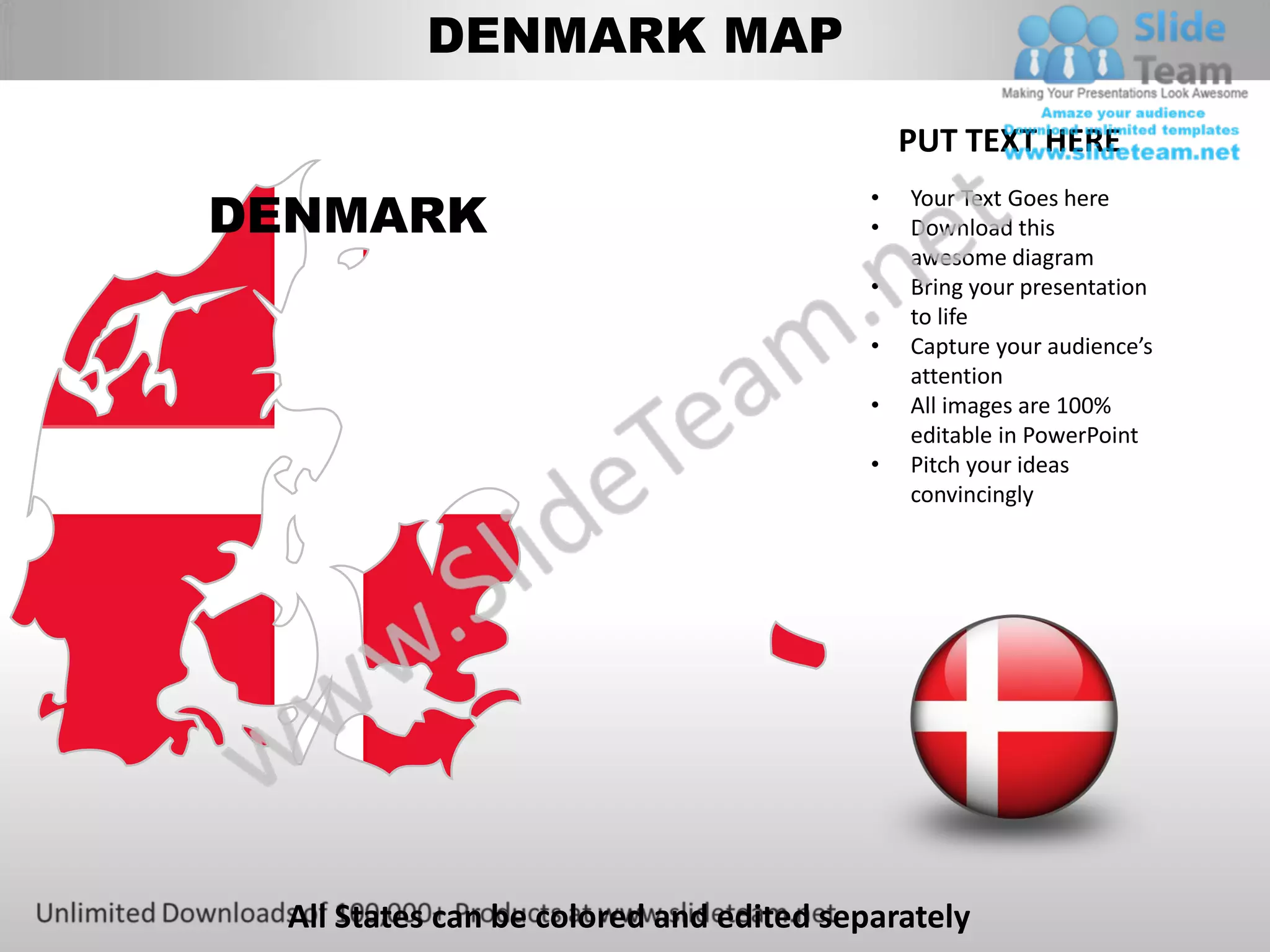 Editable denmark power point map with capital and flag templates slides ...